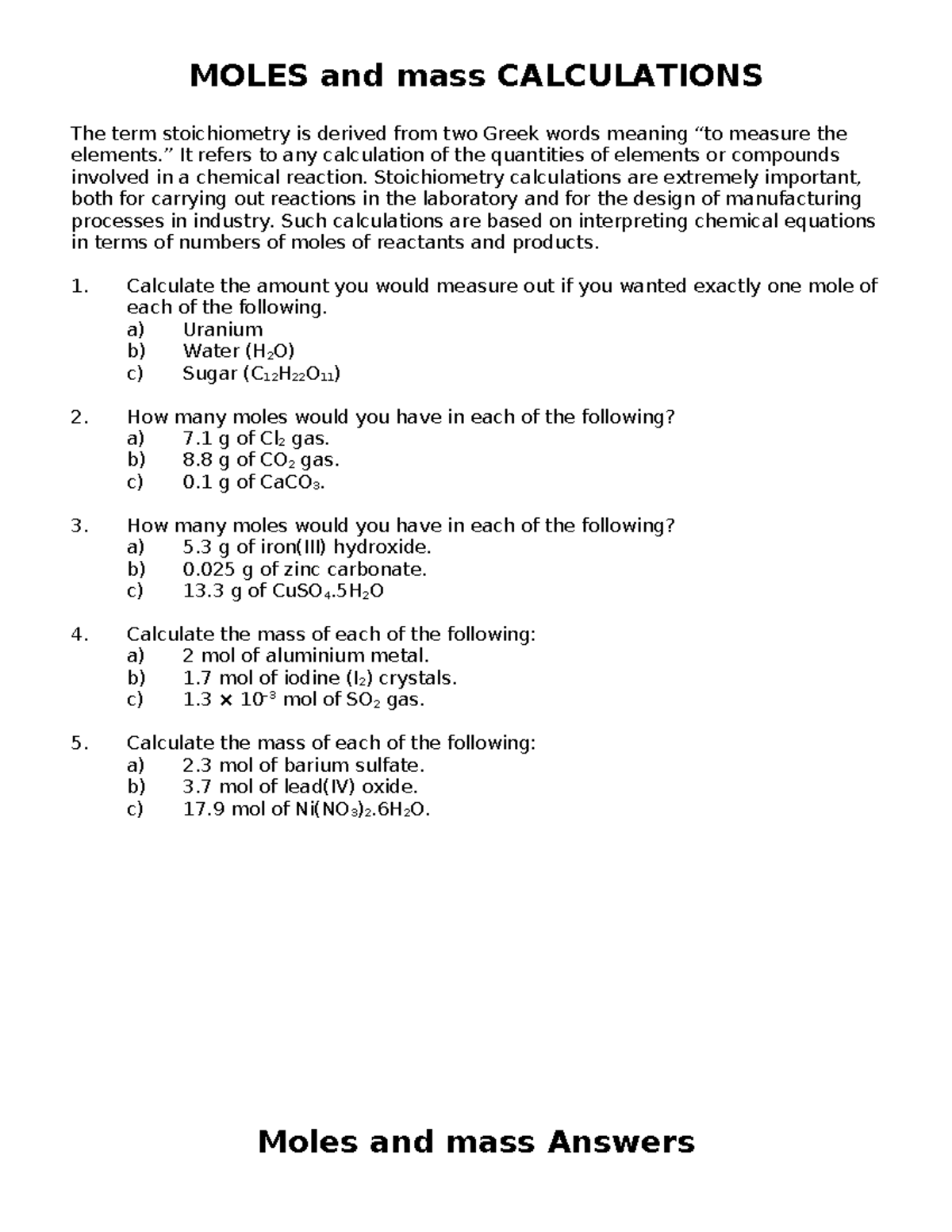 5a. Moles and Mass Calculations worksheet - MOLES and mass CALCULATIONS ...