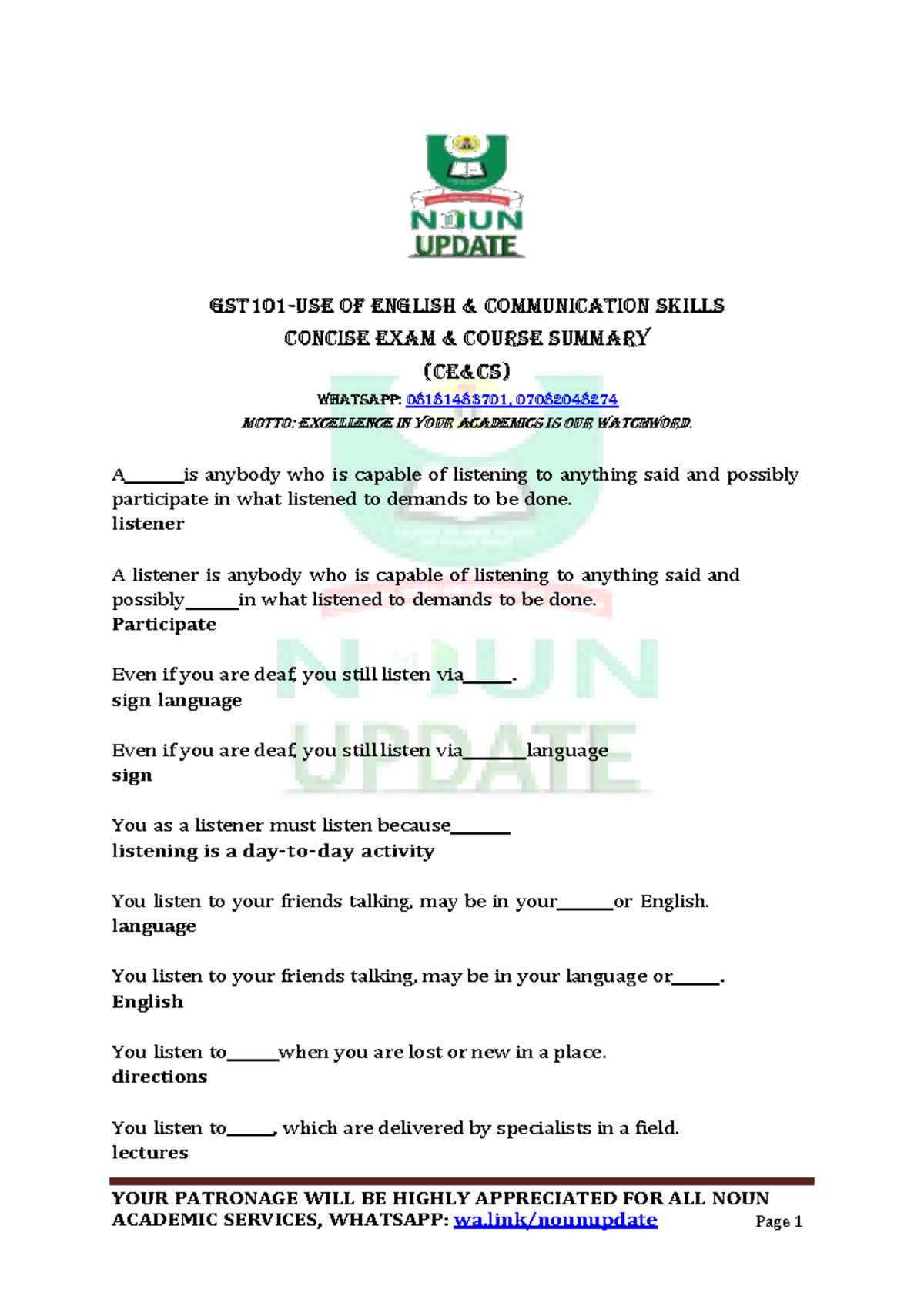 GST101- Summary - YOUR PATRONAGE WILL BE HIGHLY APPRECIATED FOR ALL ...