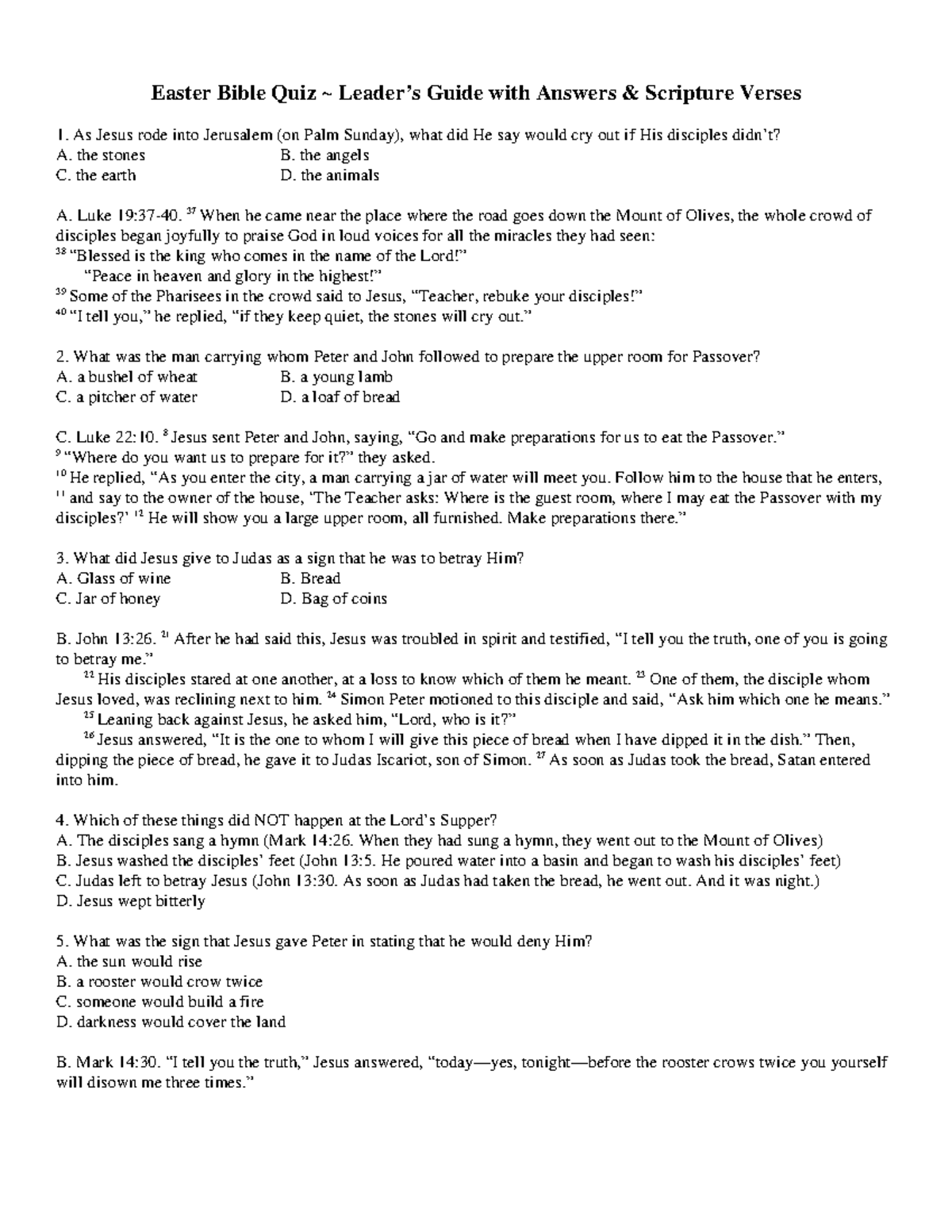Easter-Quiz-Ans - none - Easter Bible Quiz ~ Leader’s Guide with ...