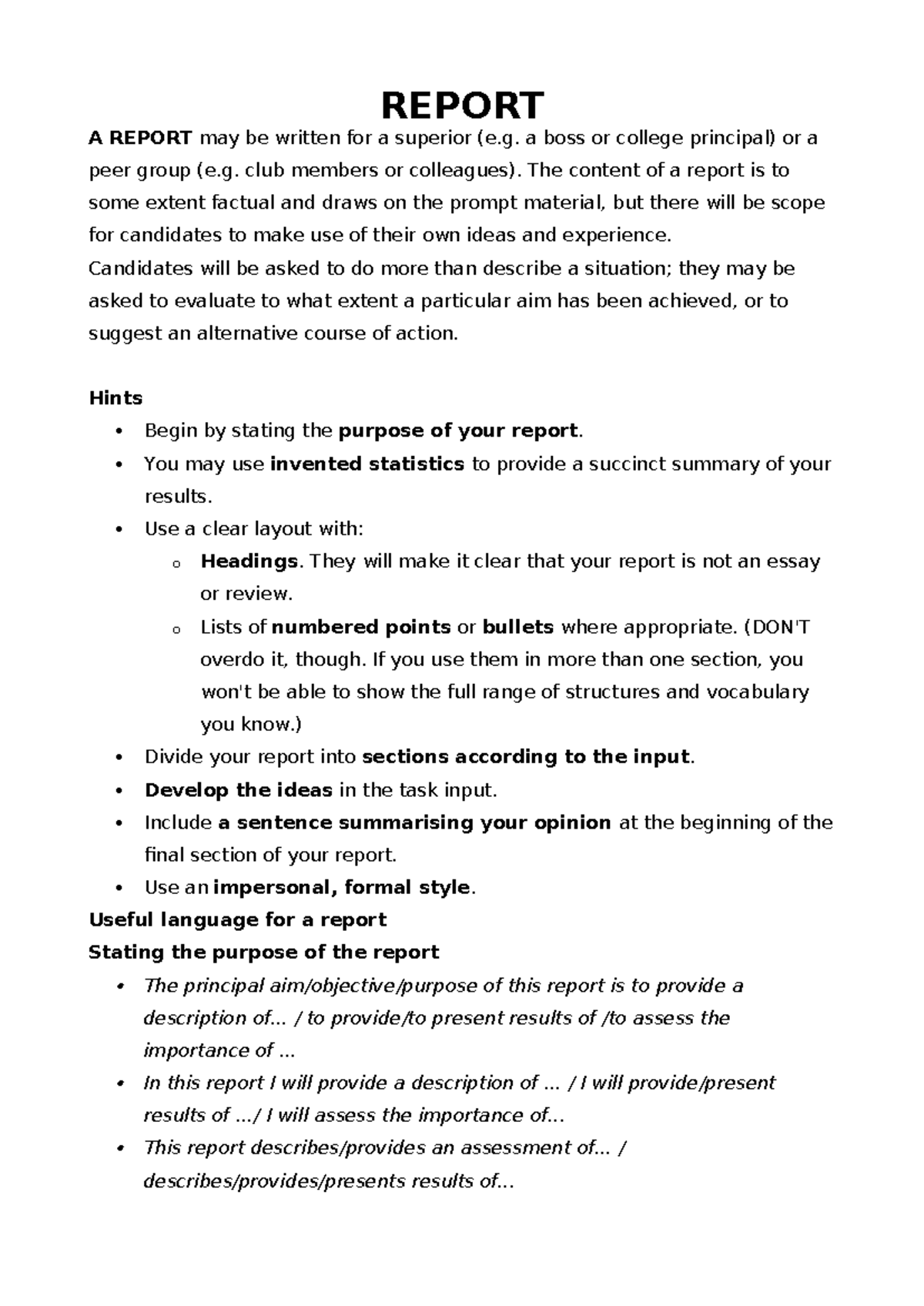 Report - como hacer un informe b2 - REPORT A REPORT may be written for ...