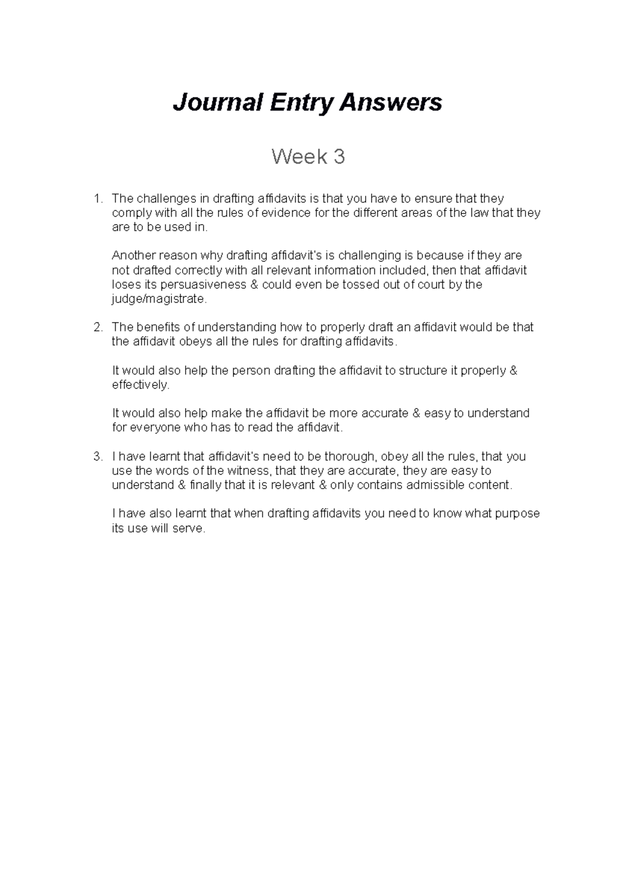 Journal Entry Answers - Week 3 - Journal Entry Answers Week 3 The ...