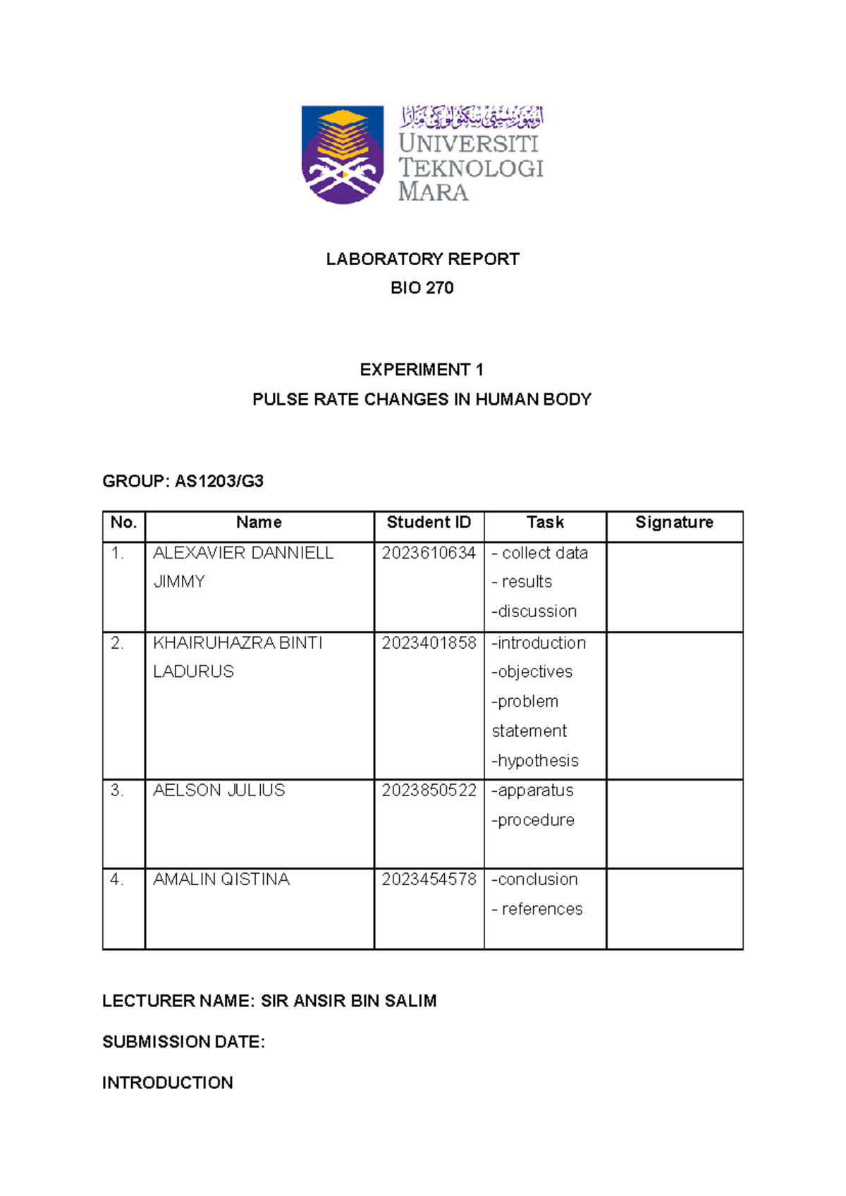 LAB Report Biology 270 Experiment 1 ( Pulse RATE)- pdf - LABORATORY REPORT BIO 270 EXPERIMENT 1 ...