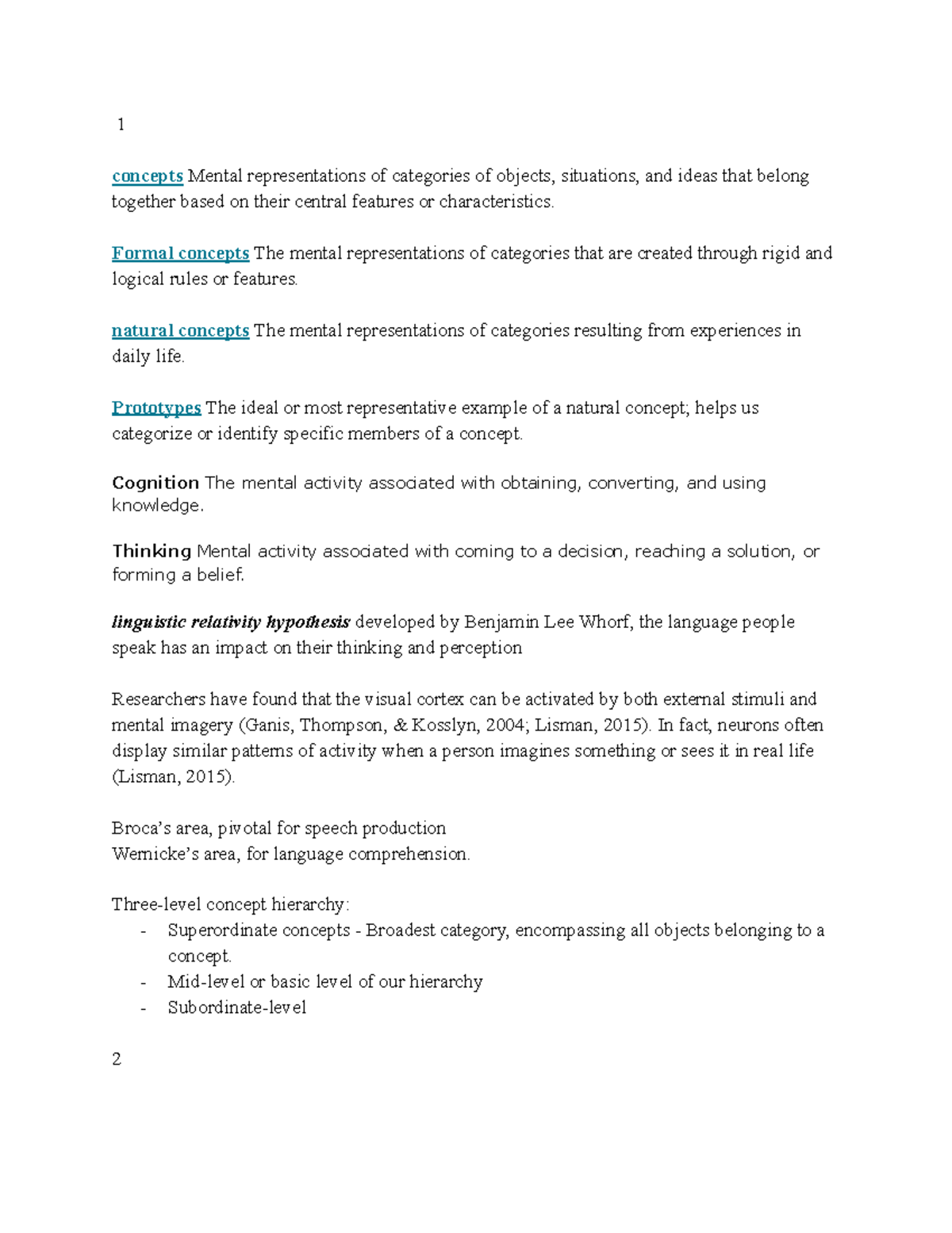 Ch 7 - Terms - 1 concepts Mental representations of categories of ...