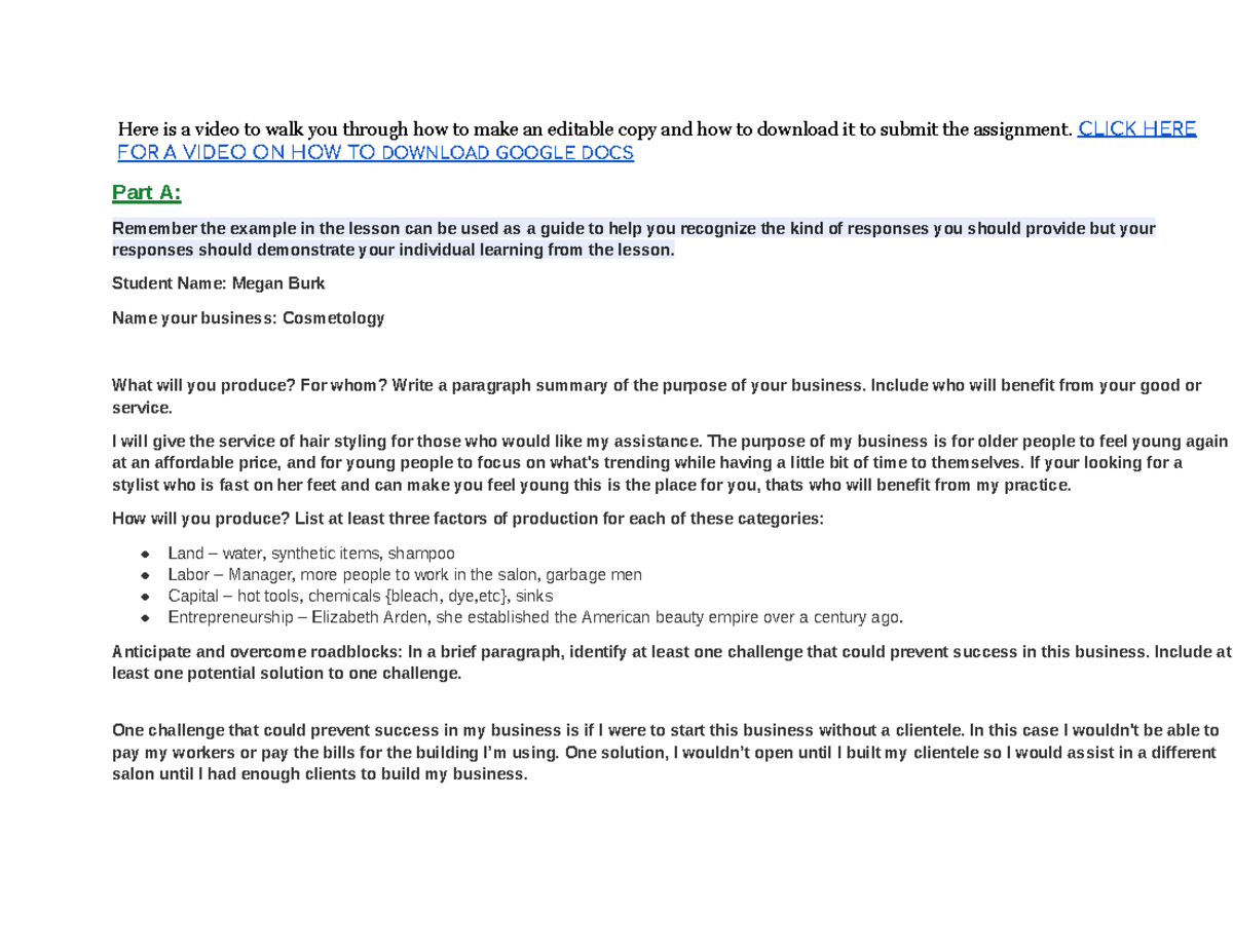 Business - Assignment and template for 2.5 - Here is a video to walk ...
