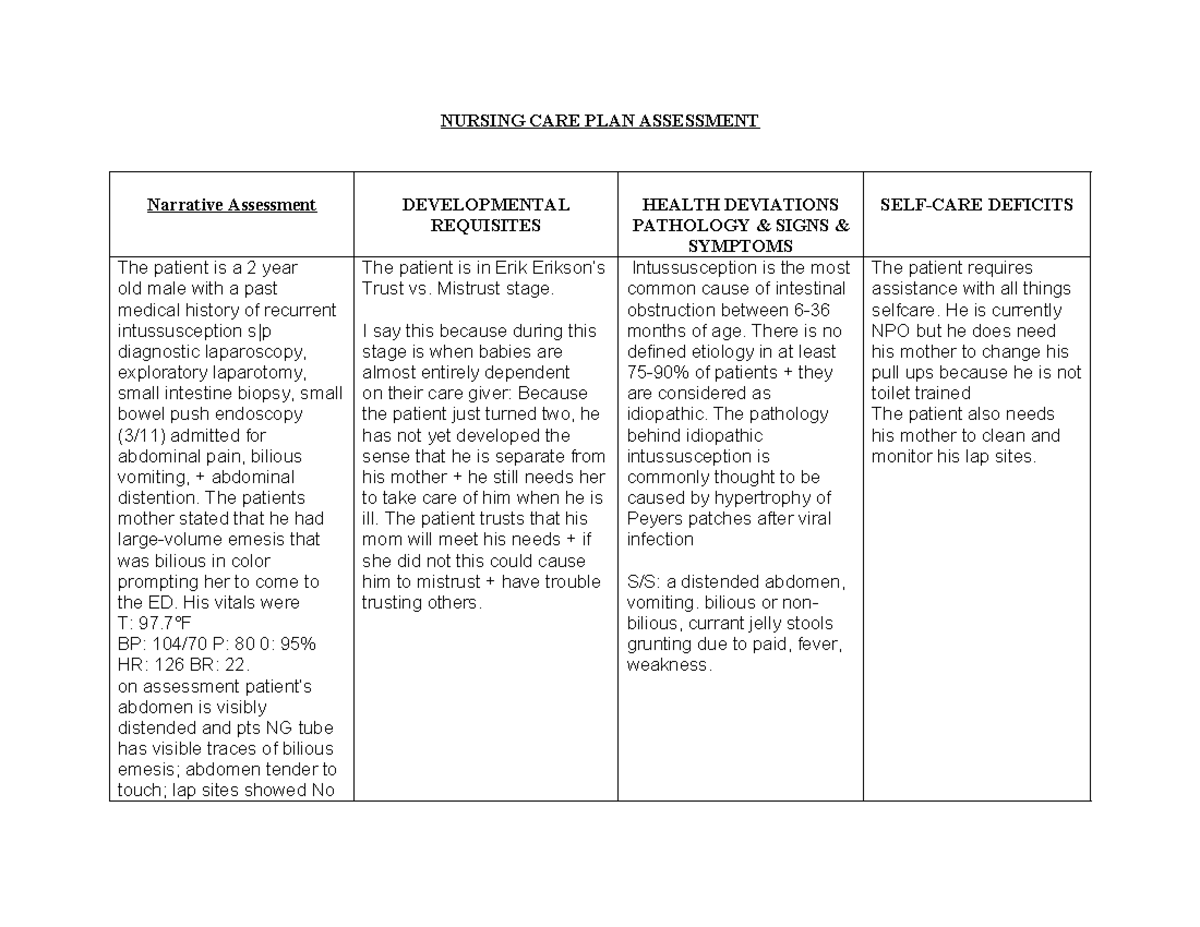 Peds Clinical Paperwork blank - NURSING CARE PLAN ASSESSMENT Narrative ...