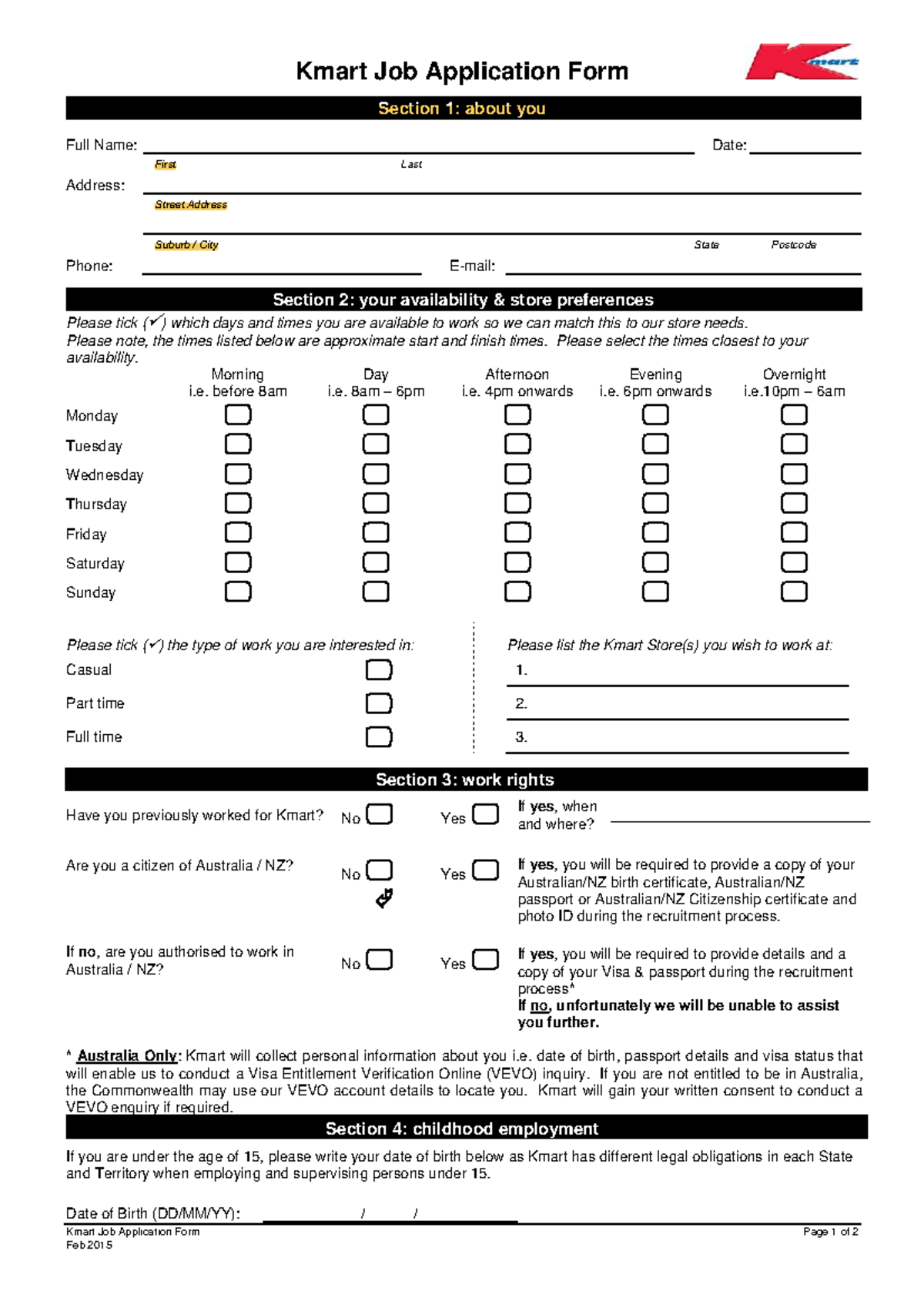 Kmart Job Application Form - Please note, the times listed below are ...