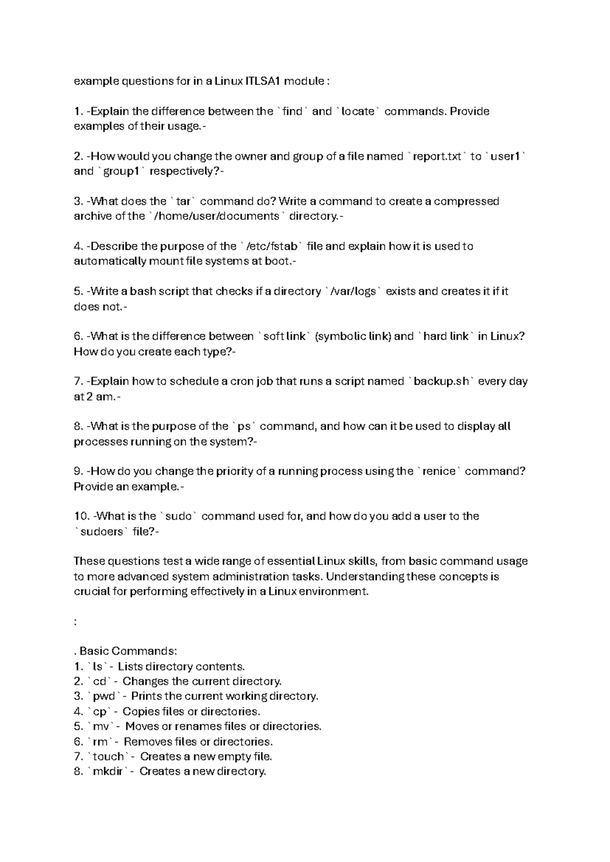 Linux exam questions - example questions for in a Linux ITLSA1 module ...
