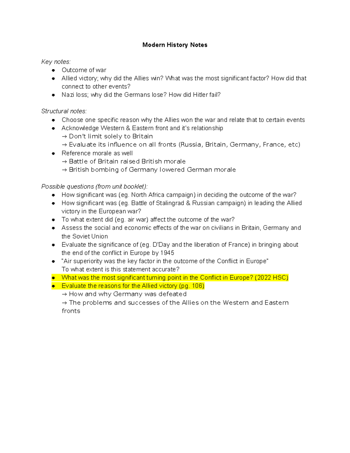 Conflict in Europe Modern History Notes - Modern History Notes Key ...