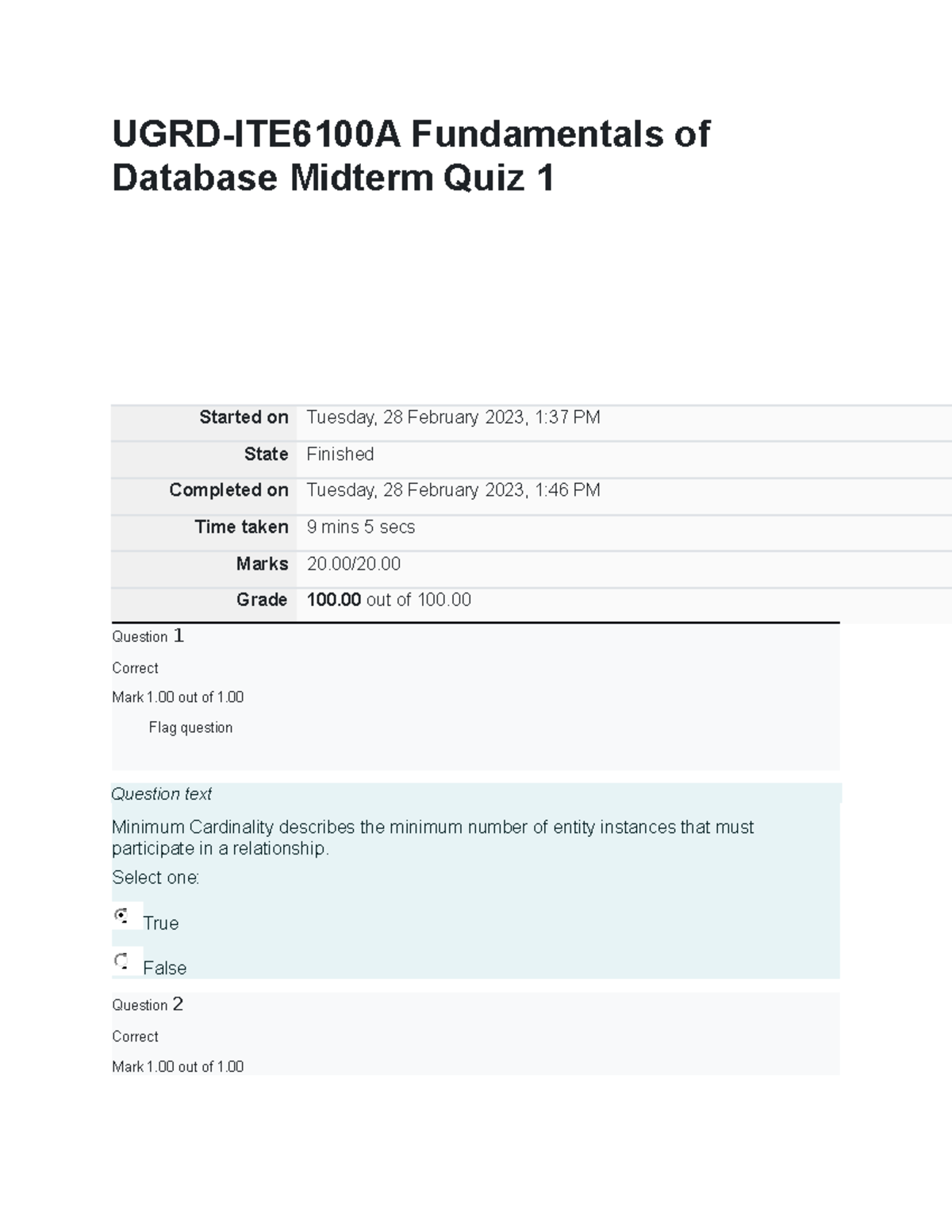 UGRD-ITE6100A Fundamentals of Database Midterm Quiz 1 - UGRD-ITE6100A Fundamentals of Database ...