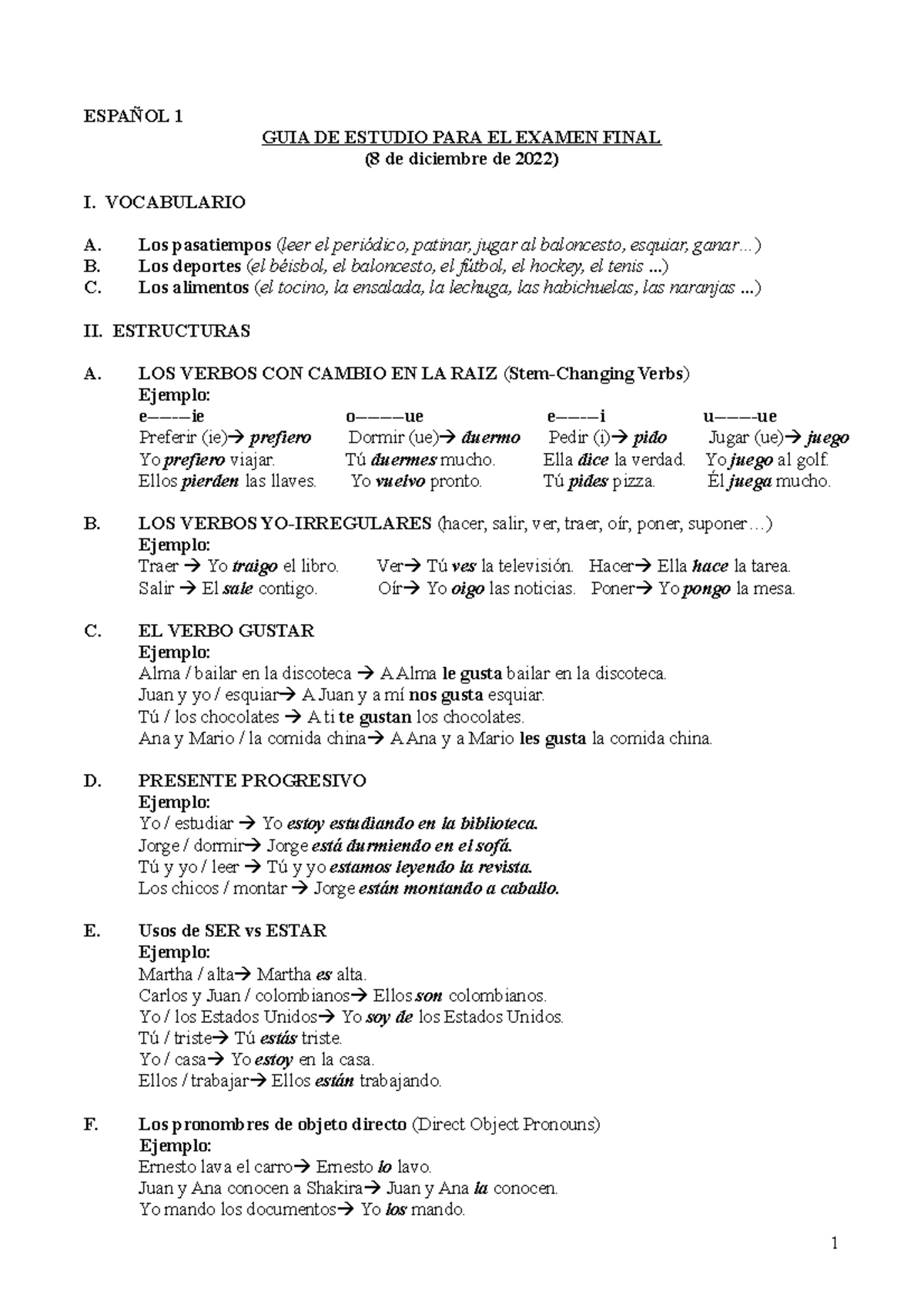 Guia de estudio Español 1 Examen Final (Cap. 4 and 5) -1 - ESPAÑOL 1 ...