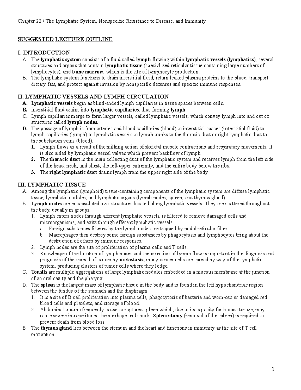 Chapter 22 Lymph - LECTURE NOTES - SUGGESTED LECTURE OUTLINE I ...