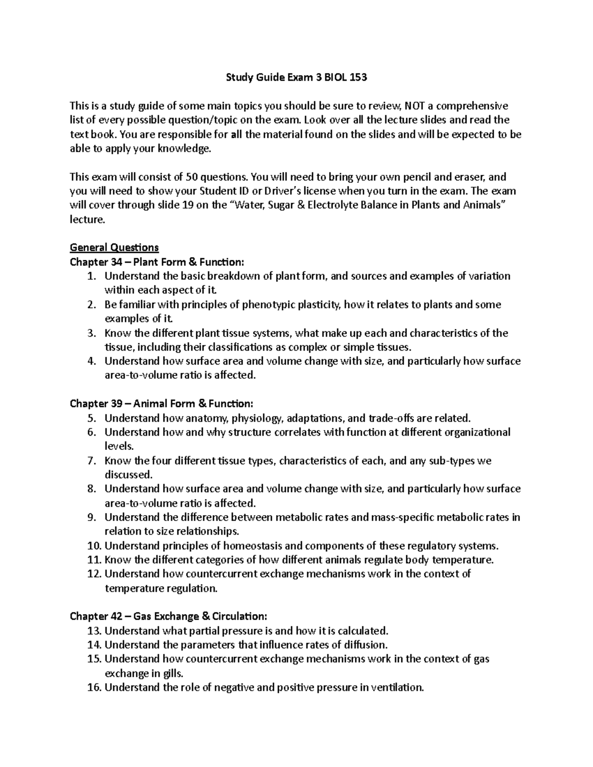 Study Guide Exam 3 Biol 153 - Study Guide Exam 3 BIOL 153 This is a ...