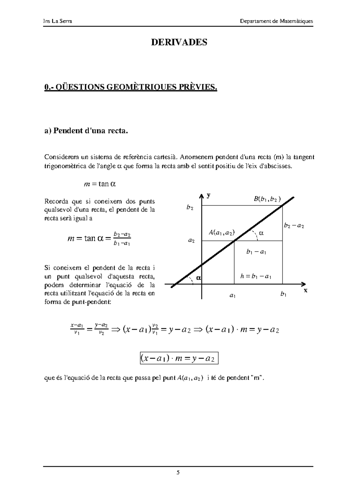 1 Derivades - DERIVADES 0.- QÜESTIONS GEOMÈTRIQUES PRÈVIES. a) Pendent ...