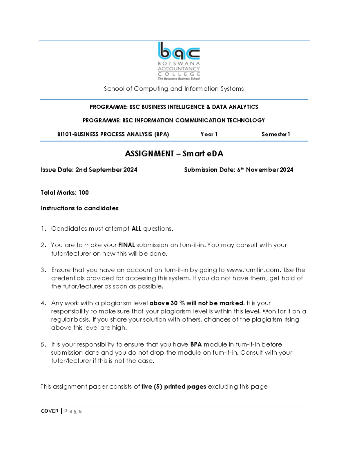 BI101 BPA Assignment Coursework QP 2024 - COVER | P a g e School of Computing and Information ...