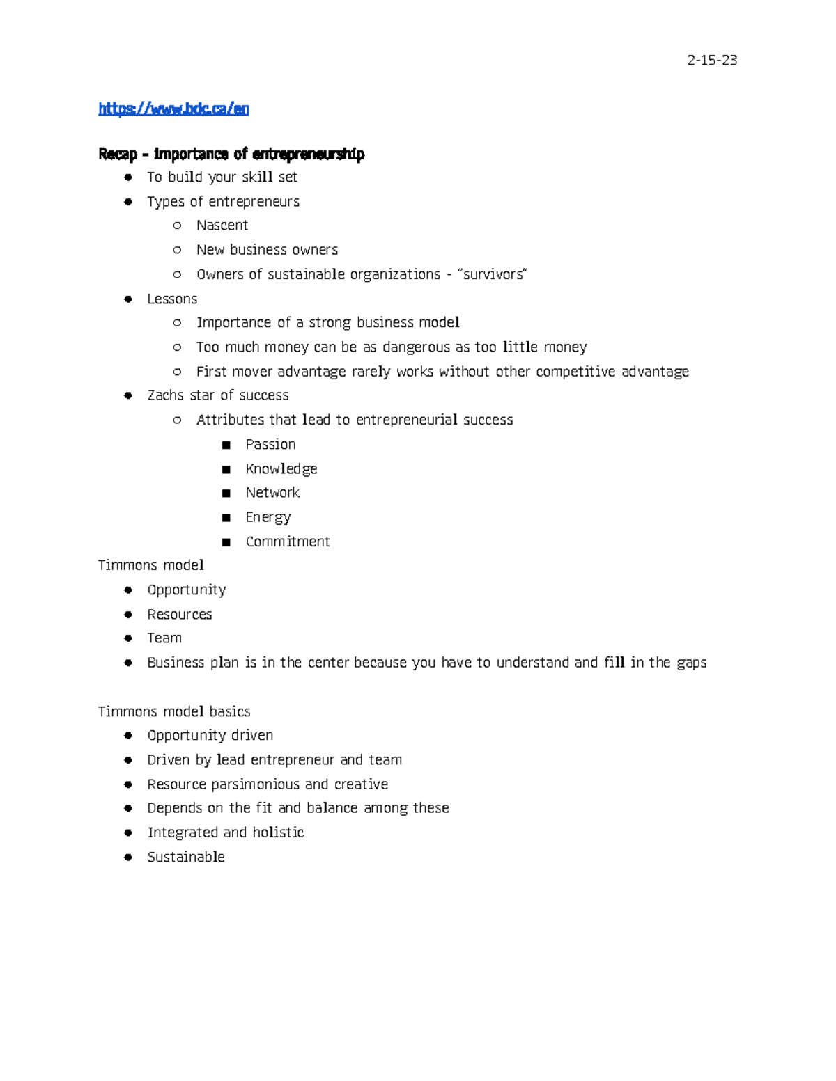 TImmons vs BMC lecture notes - 2-15- bdc/en Recap - importance of ...