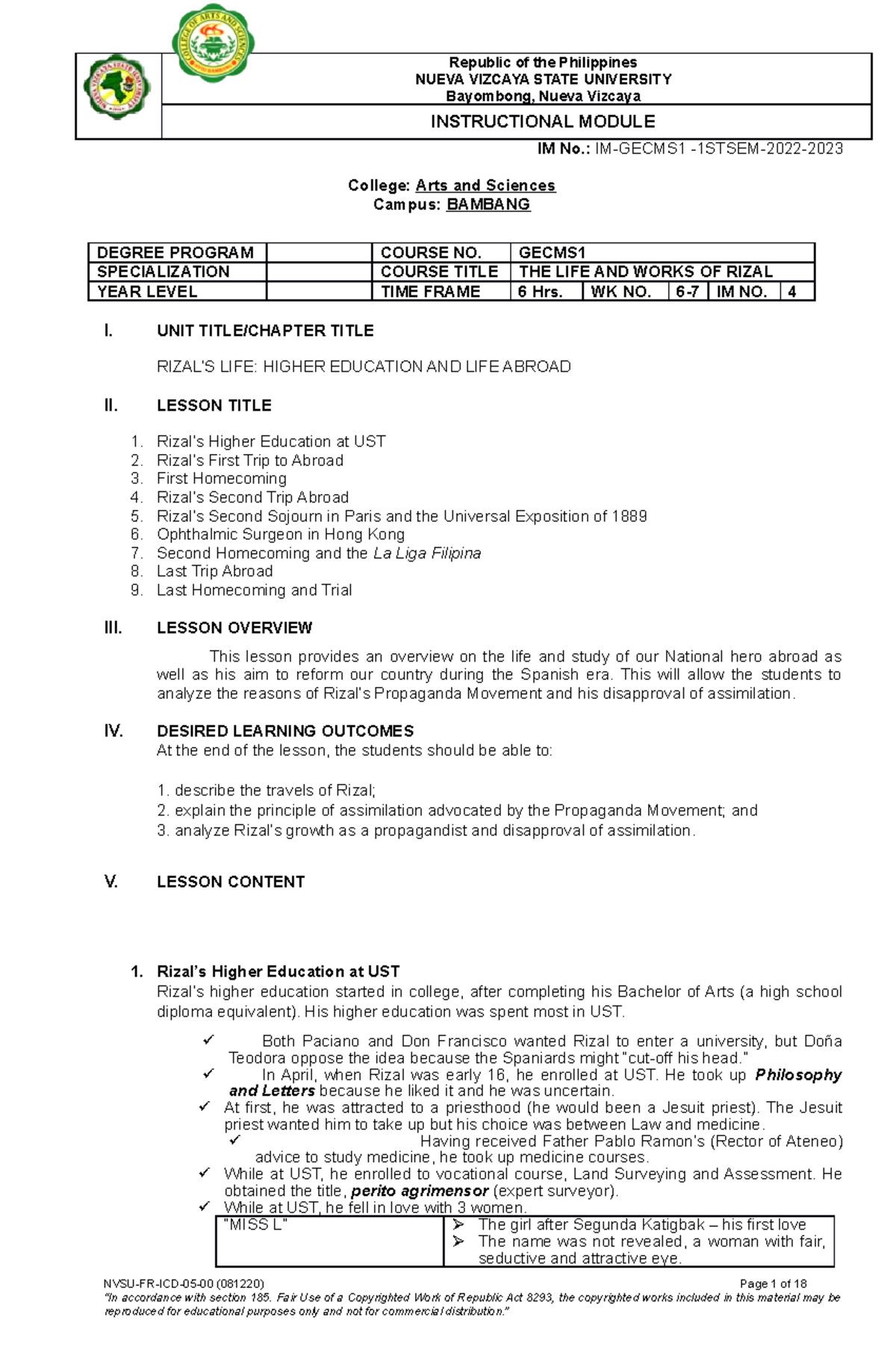 The Life and Works of Rizal Module Week 6 7 - NUEVA VIZCAYA STATE ...