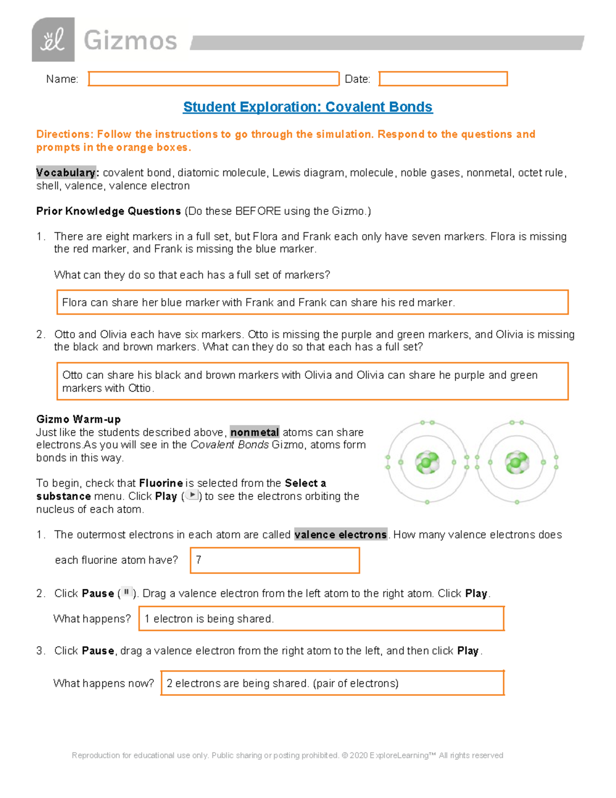 1.6 Covalent Bonds Gizmo Activity - Name: Date: Student Exploration ...