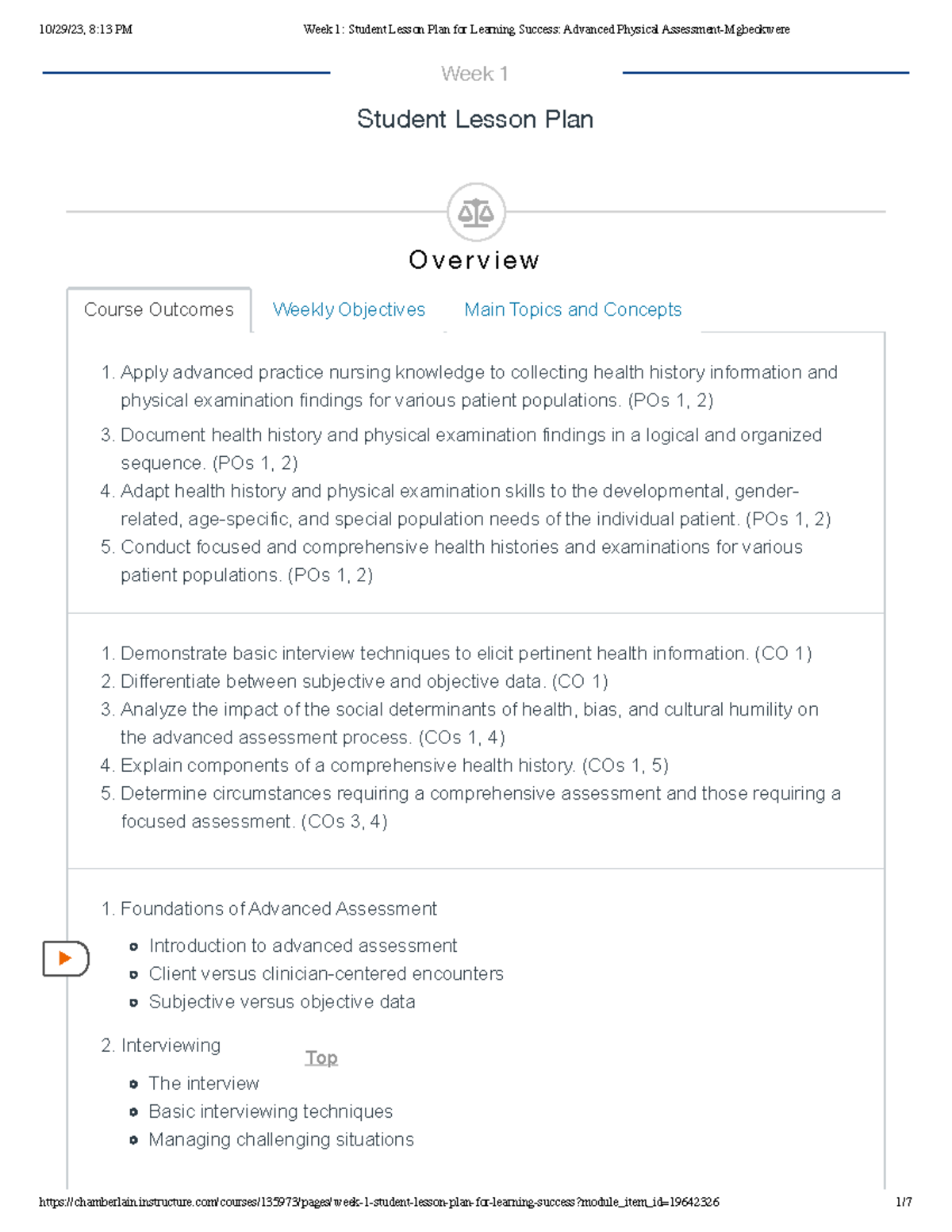 Week 1 Student Lesson Plan for Learnin...dvanced Physical Assessment ...