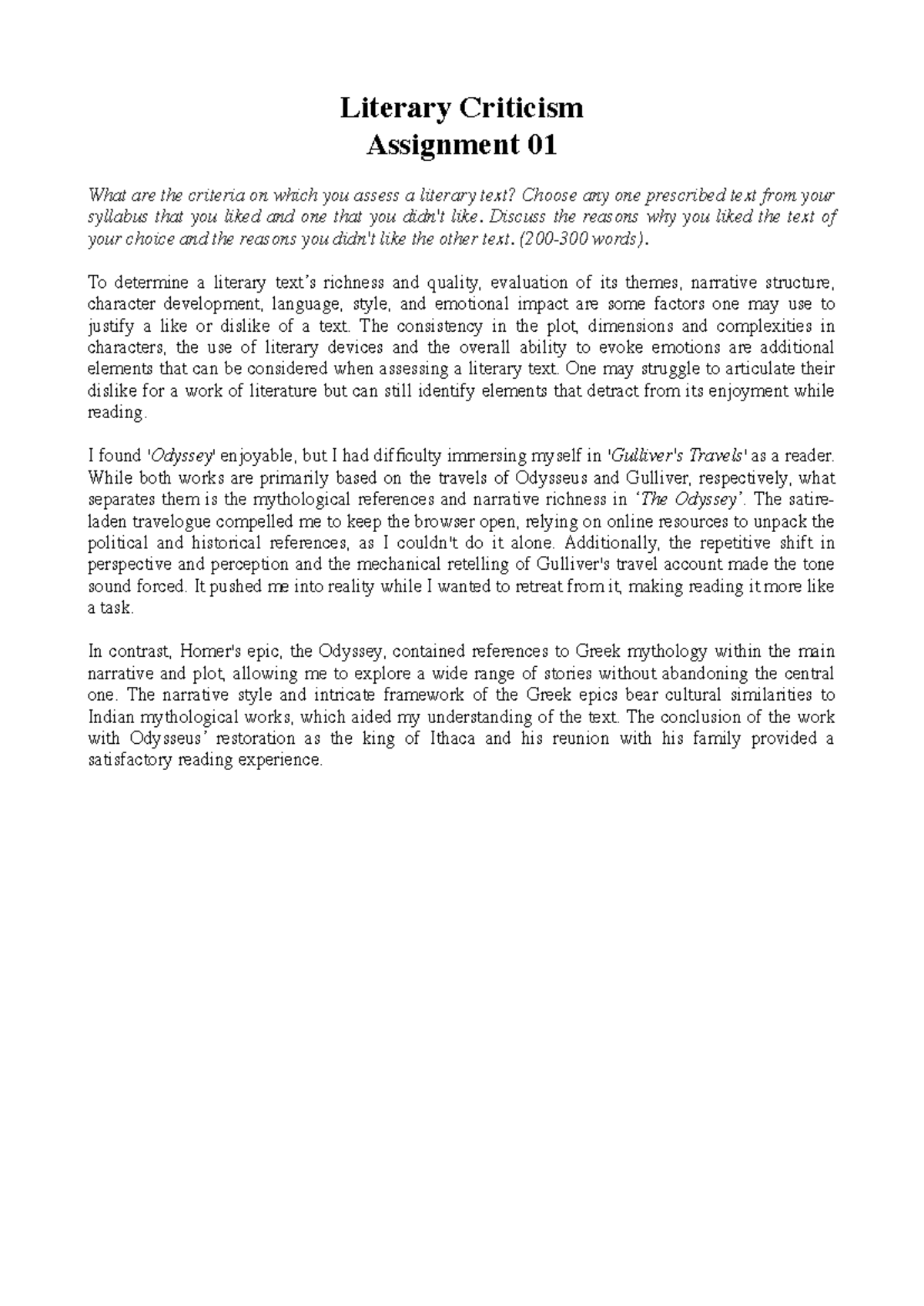 Lit Crit Assignment 01 - A simple analysis of what criteria one may follow to assess a literary ...