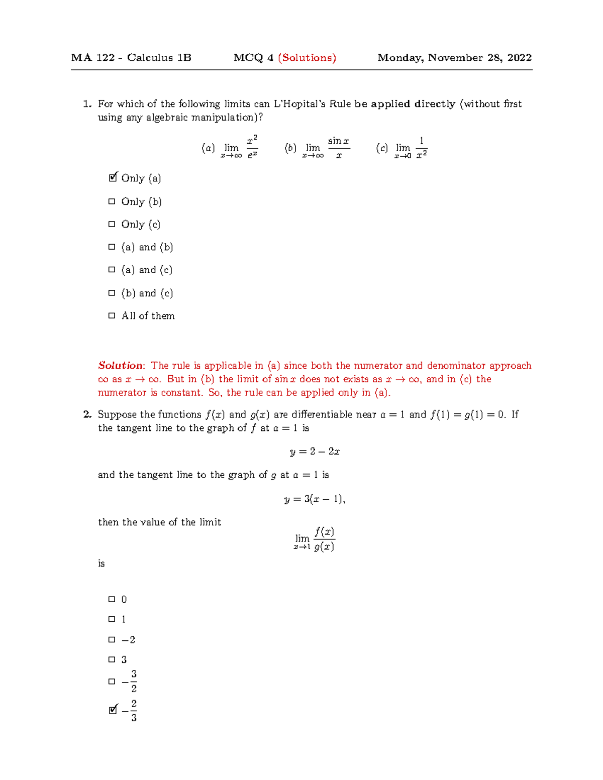 MCQ-4 v2 sol - Professor: Denis Serbin - MA 122 - Calculus 1B MCQ 4 ...