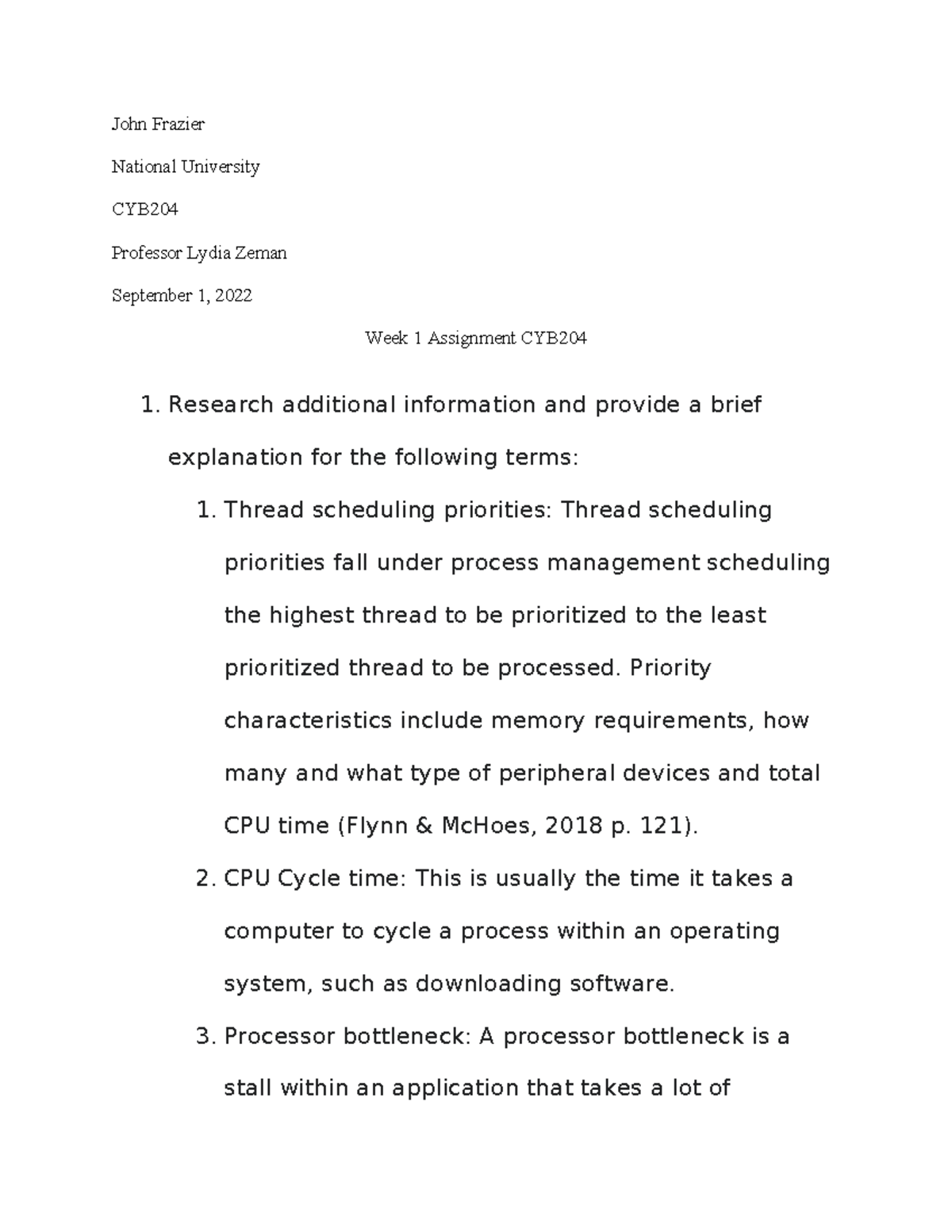 Week 1 Assignment CYB204 - John Frazier National University CYB Professor Lydia Zeman September ...