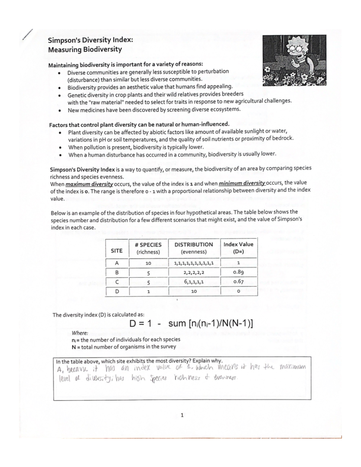 Simpson's Diversity Index: Measuring Biodiversity - ES 2013 - Studocu