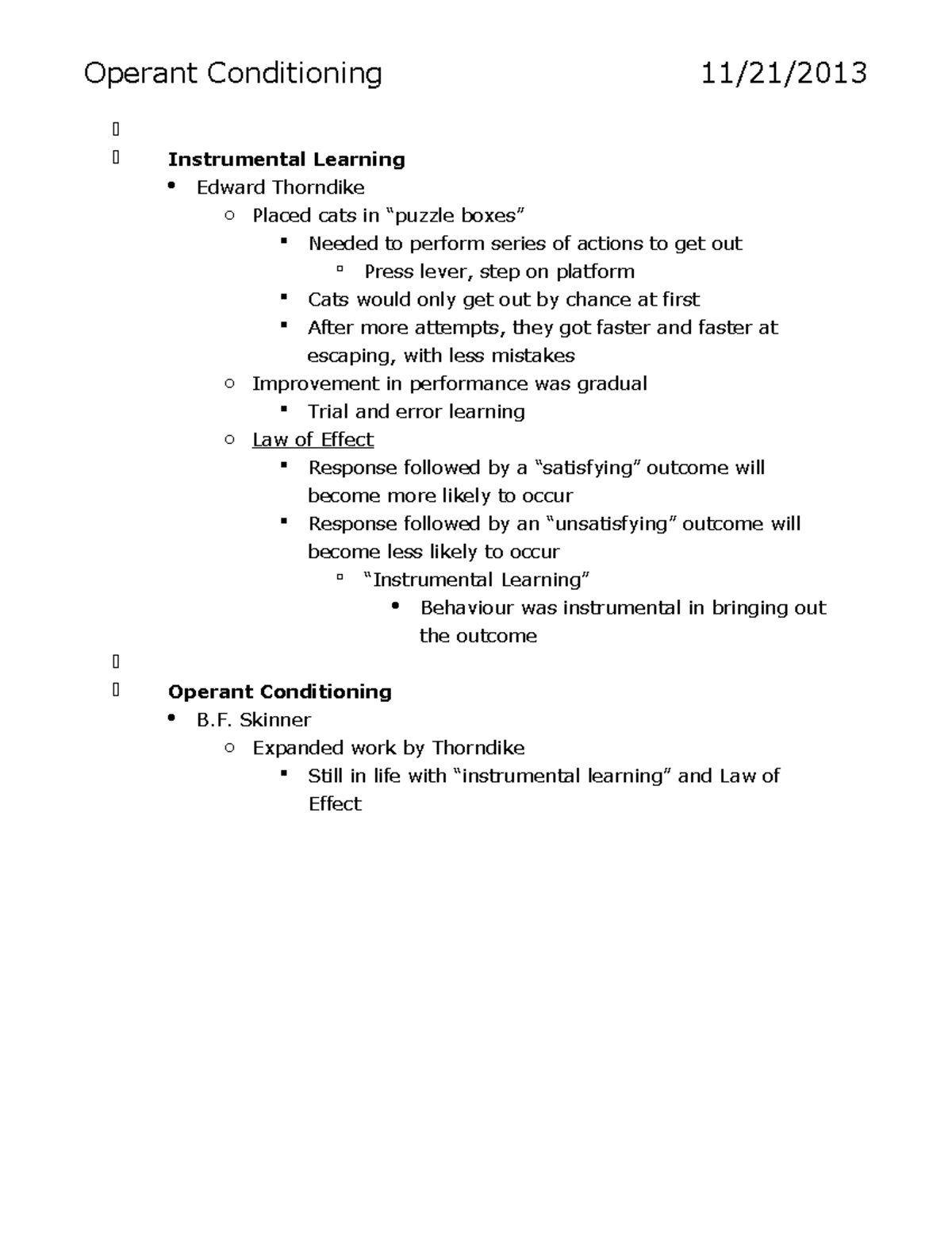 Lecture Notes, Lectures 7-10 - Operant Conditioning 11/21/ Instrumental ...