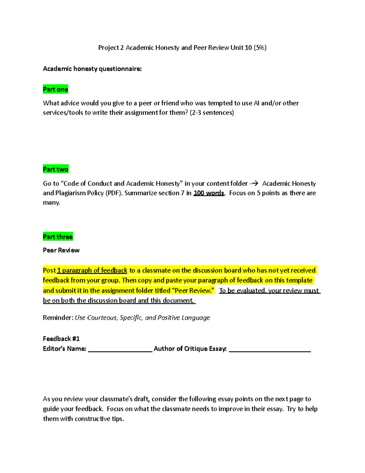 Peer review template - Project 2 Academic Honesty and Peer Review Unit ...