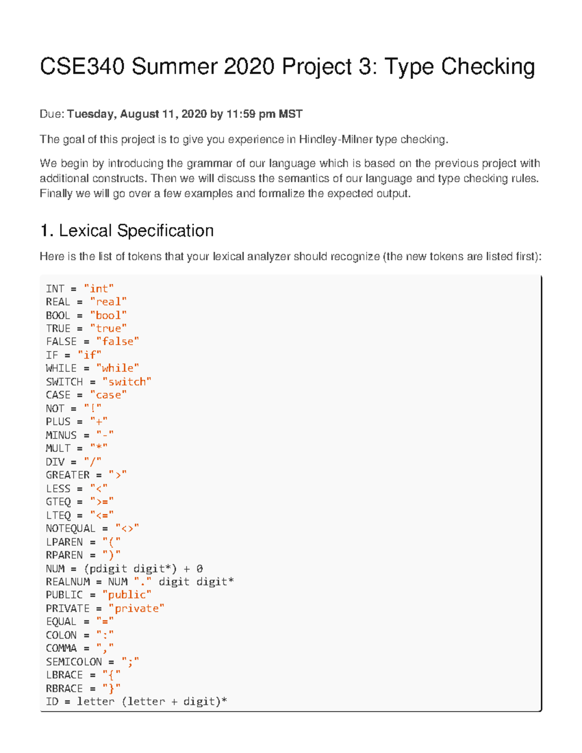 CSE340 Project 3 - CSE340 Summer 2020 Project 3: Type Checking Due: Tuesday, August 11, 2020 by ...
