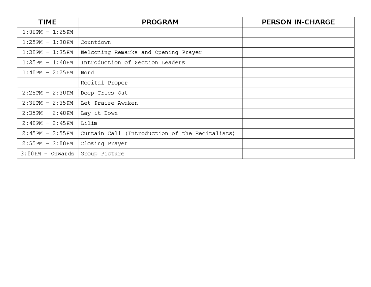 Recital Program - TIME PROGRAM PERSON IN-CHARGE 1:00PM – 1:25PM 1:25PM ...