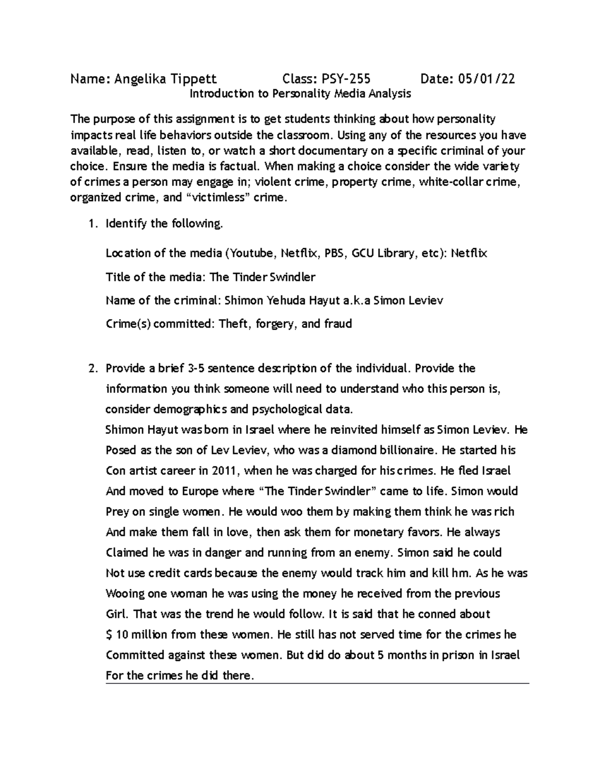 Backup of A 1 - PSY 255 INTRODUCTION TO PERSONALITY MEDIA ANALYSIS ...