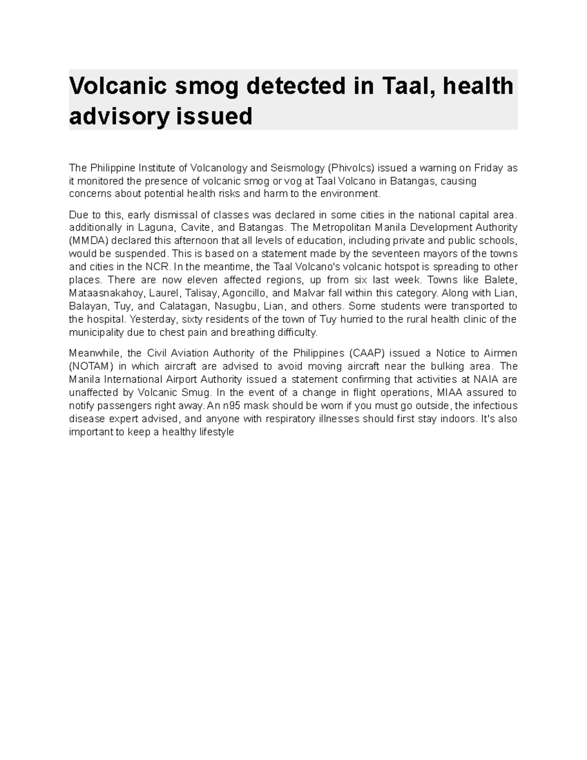 Volcanic smog detected in Taal - Due to this, early dismissal of ...