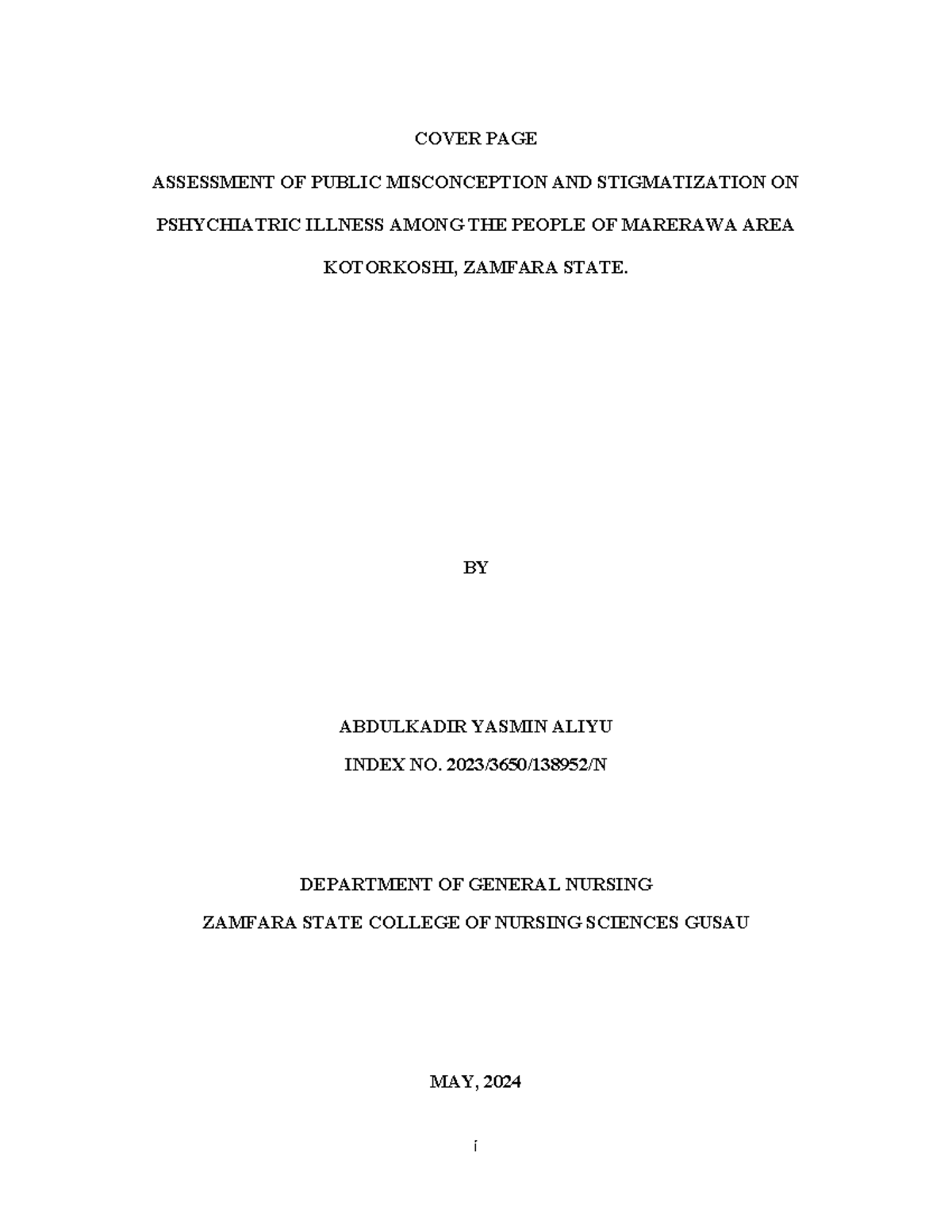 Yasmin Complete Project - COVER PAGE ASSESSMENT OF PUBLIC MISCONCEPTION ...