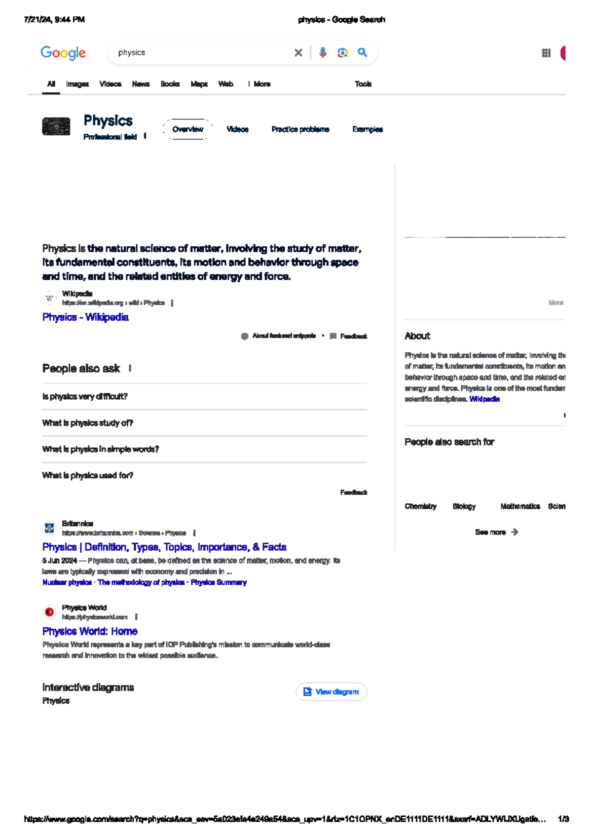 google description of the consept of Physics - 9:44 PM physics Google ...