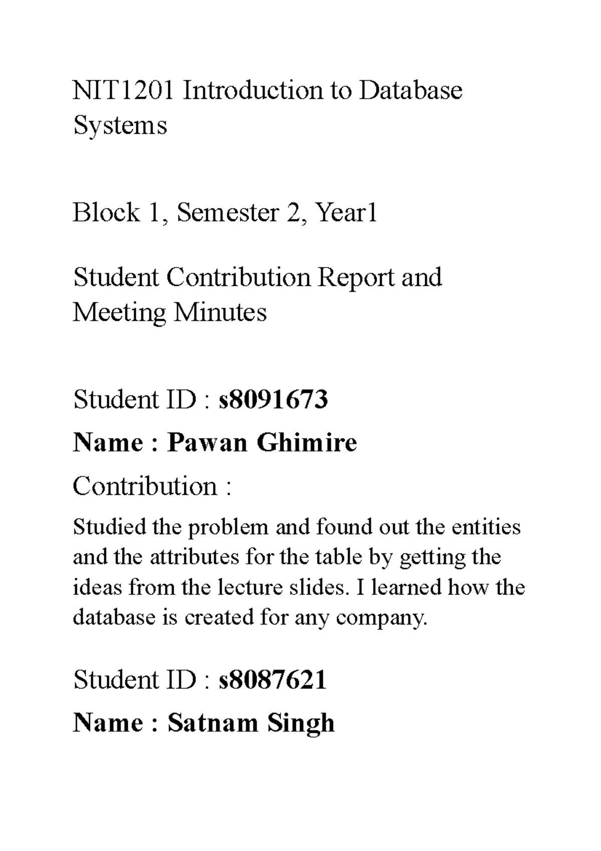 NIT1201 Contribution Report and Meeting Minutes - NIT1201 Introduction ...