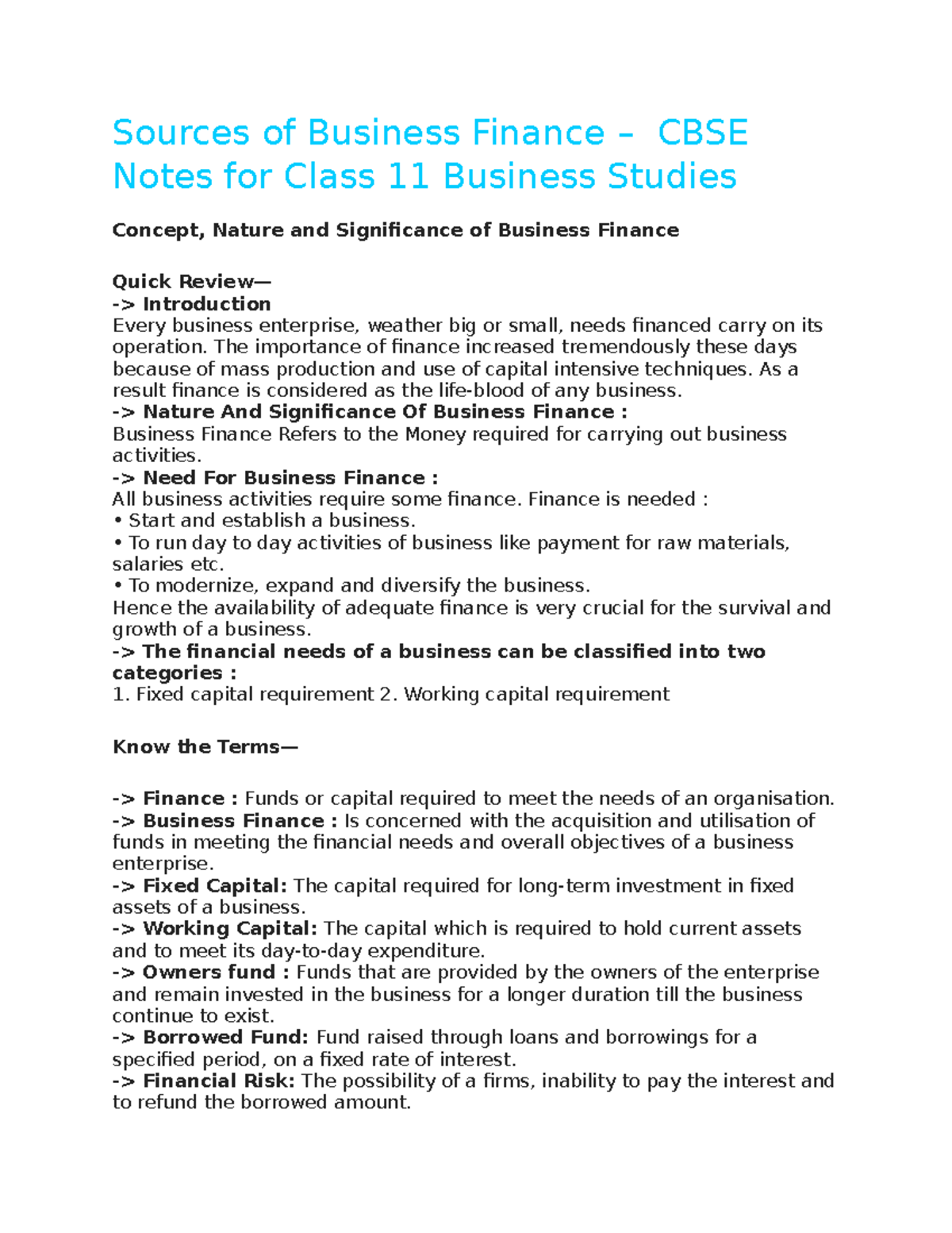 Document - Business studies lecture notes - Sources of Business Finance ...