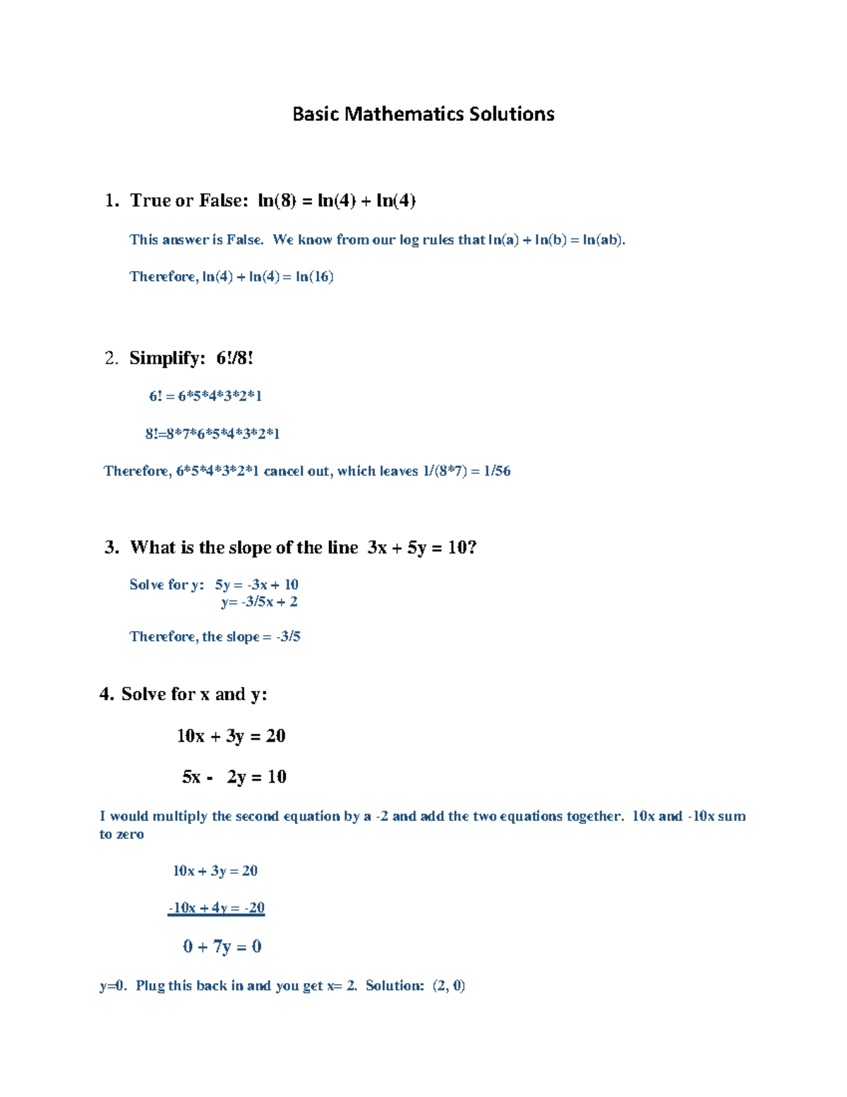 Basic Math Solutions 2 - solution - Basic Mathematics Solutions 1. True ...