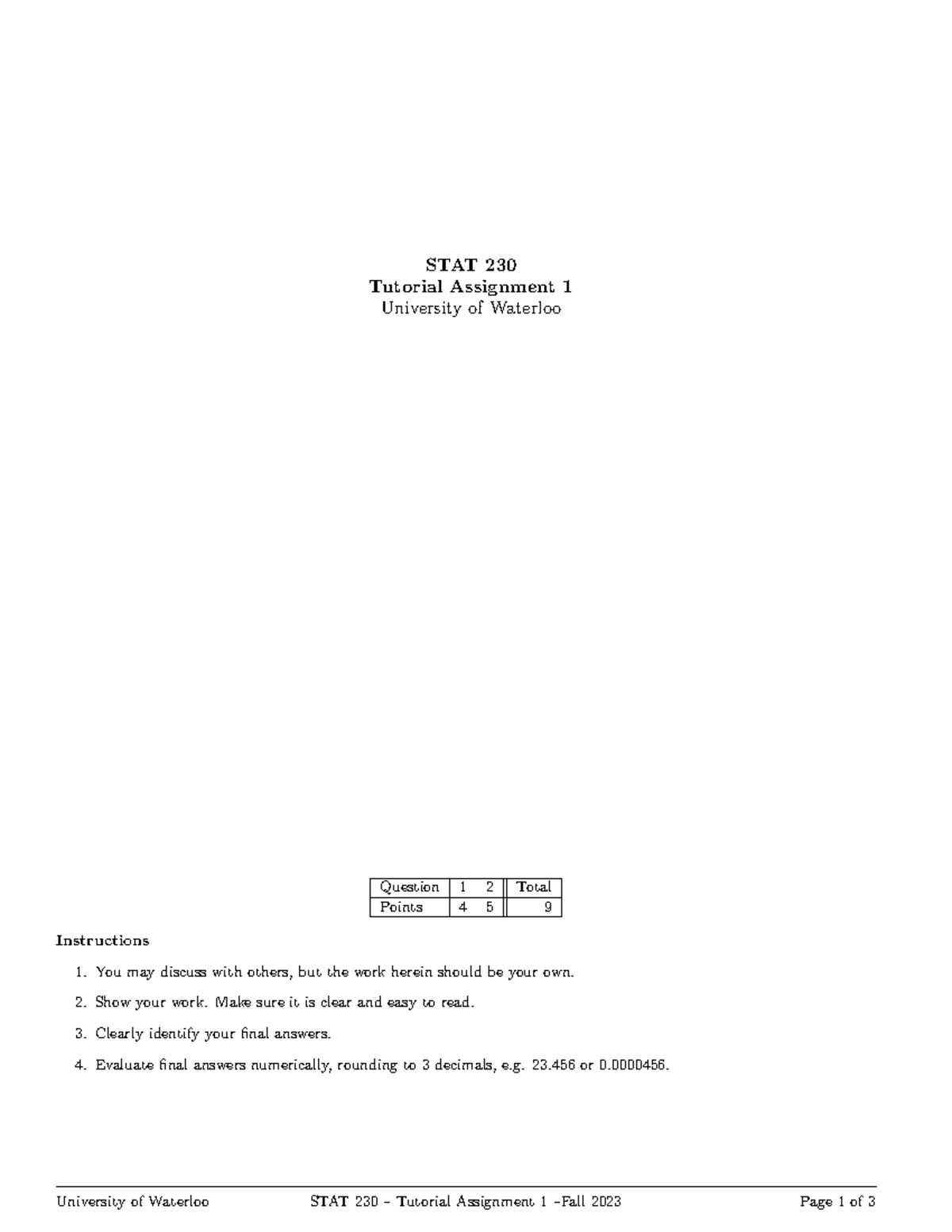 Tutorial Assignment 1 - STAT 230 Tutorial Assignment 1 University of ...