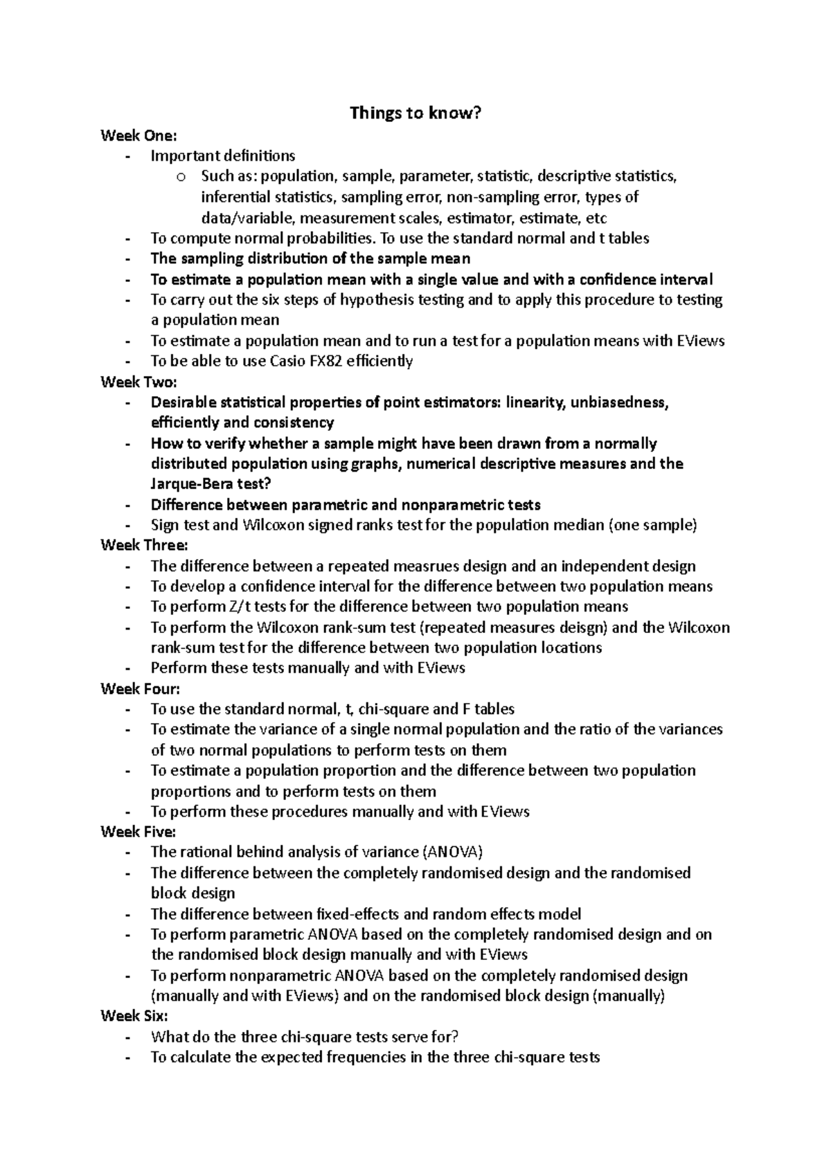 QM tips - course summary - Things to know? Week One: - Important ...