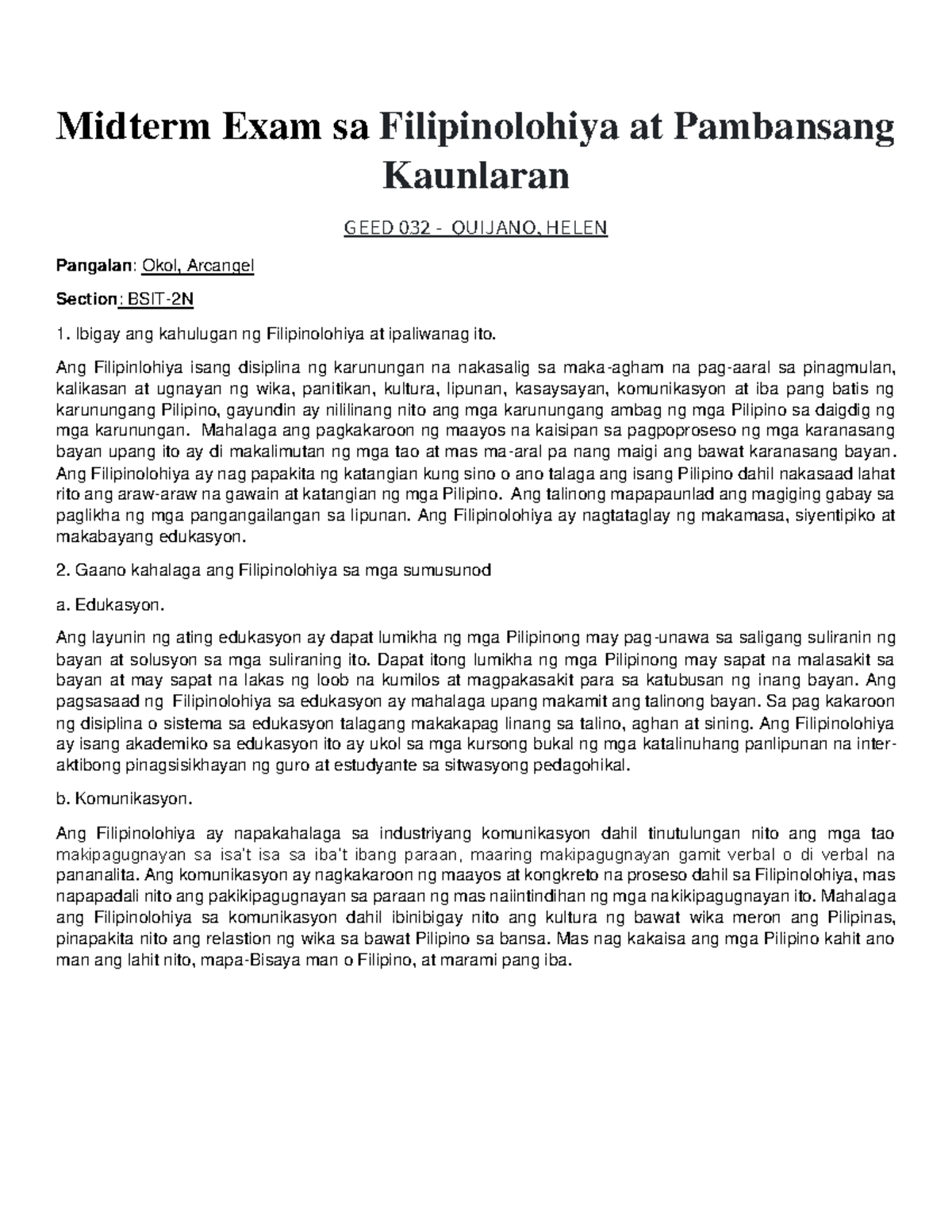 Midterm EXAM Filipino - Midterm Exam sa Filipinolohiya at Pambansang Kaunlaran GEED 032 ...
