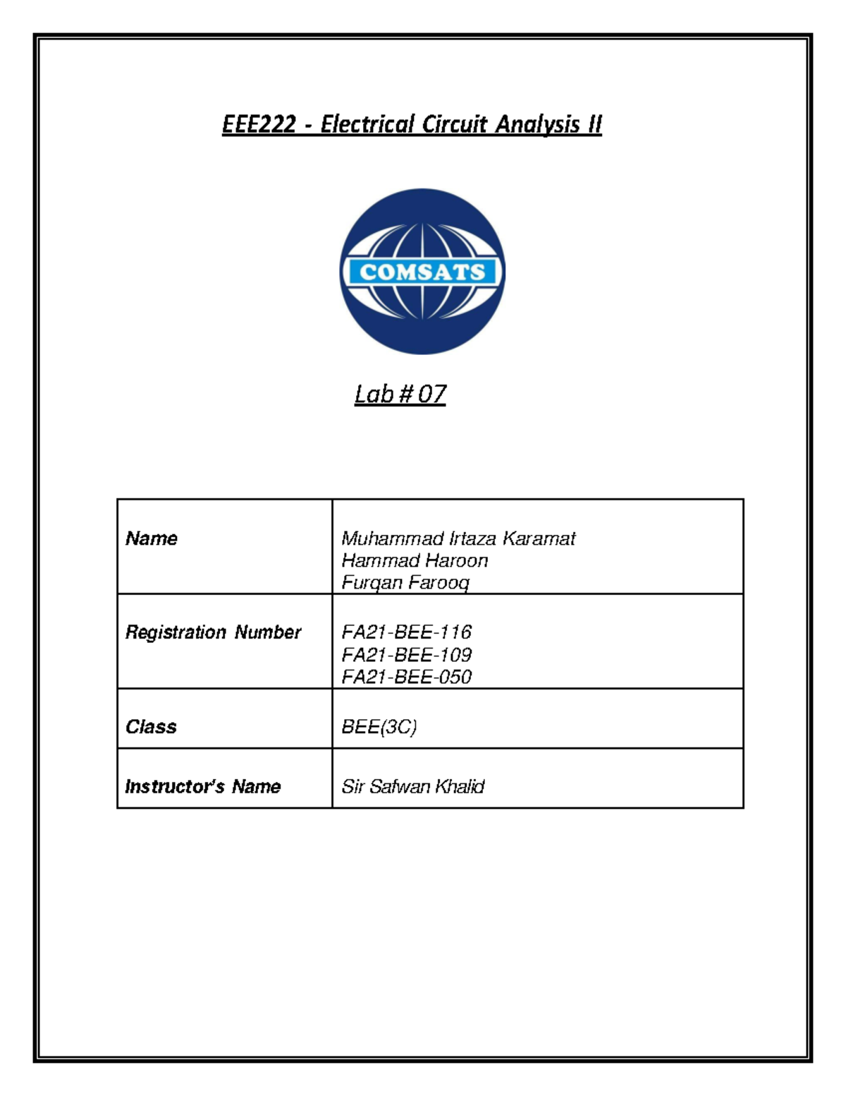 ECA 2 LAB Report 07 - EEE222 - Electrical Circuit Analysis II Lab # 07 ...