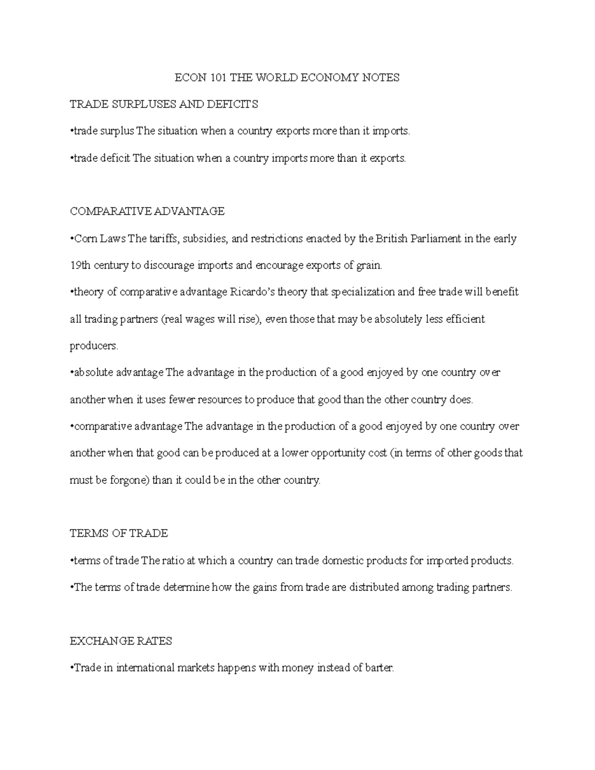 ECON 101 THE World Economy Notes - ECON 101 THE WORLD ECONOMY NOTES ...