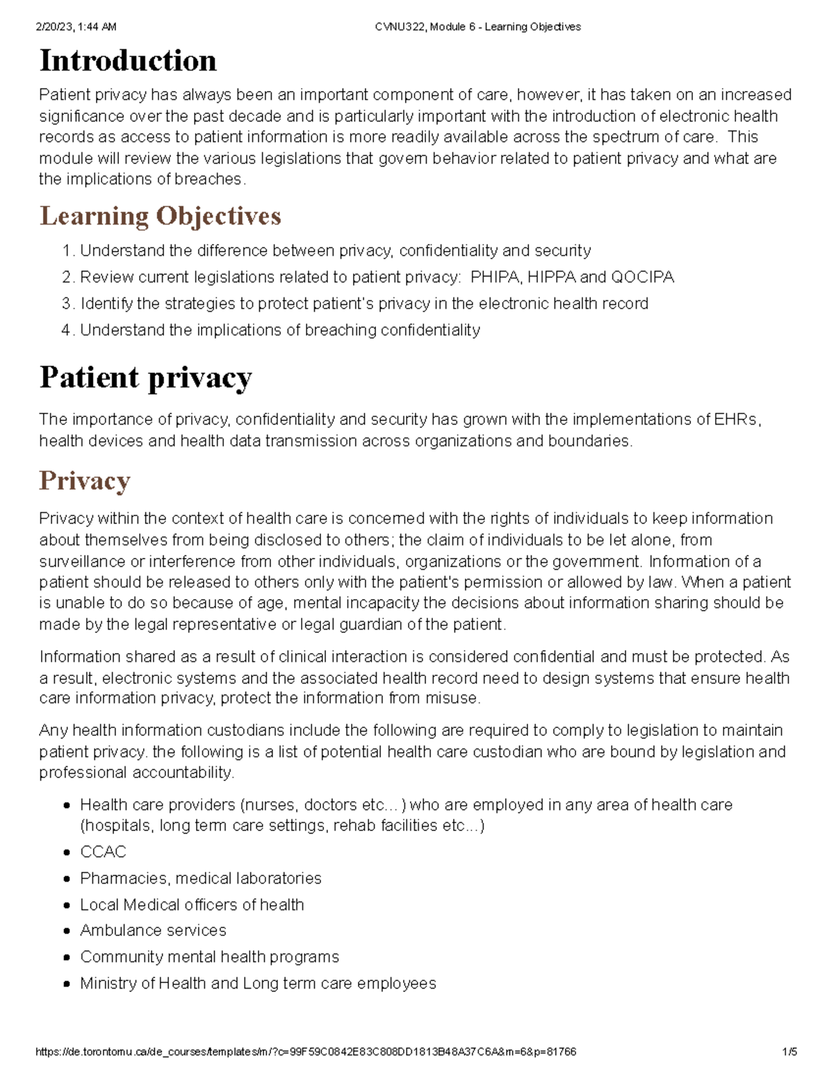 CVNU322, Module 6 - Learning Objectives - Introduction Patient privacy has always been an ...