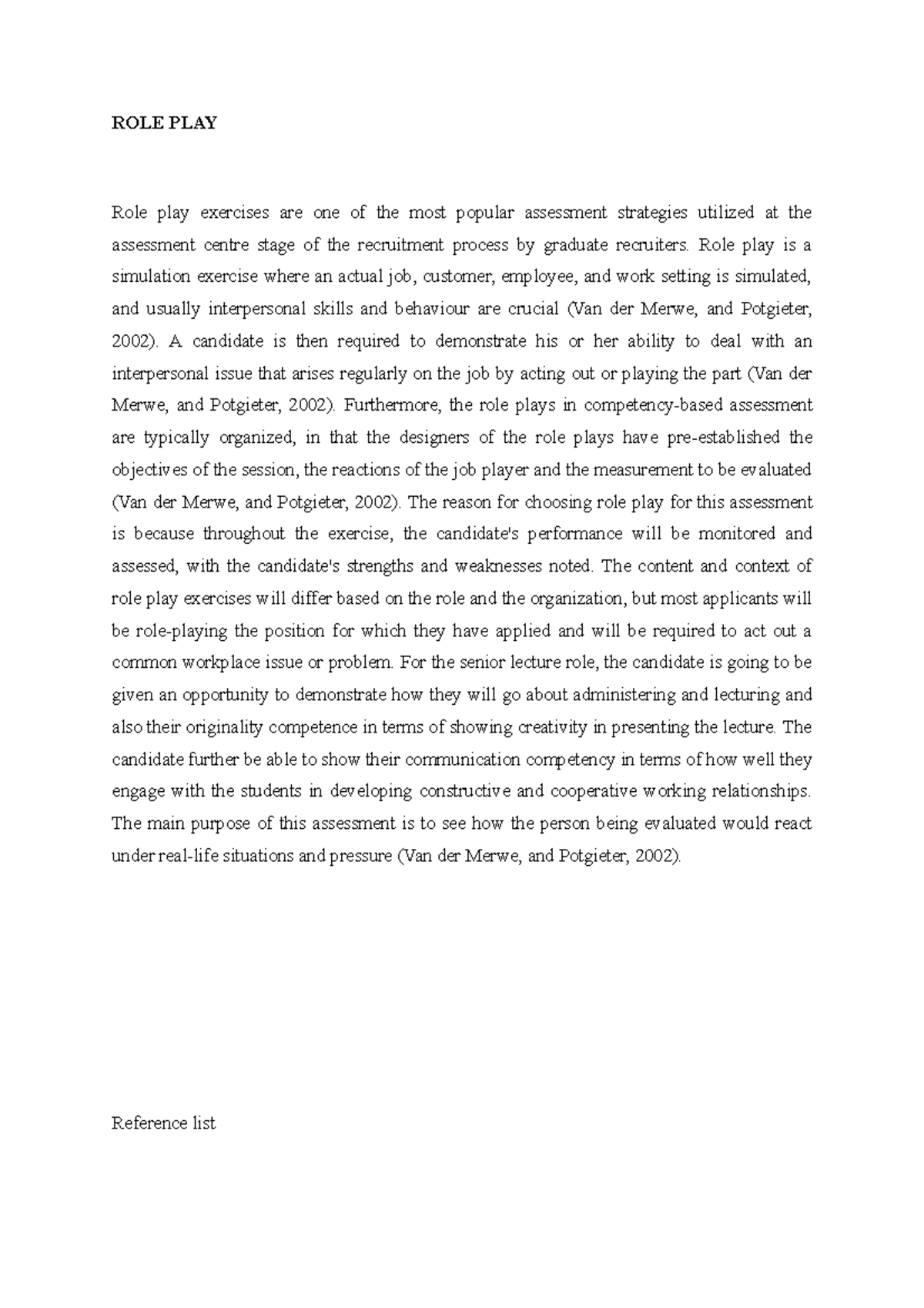 ROLE PLAY - Organisational/ industrial psychology assignment on ...