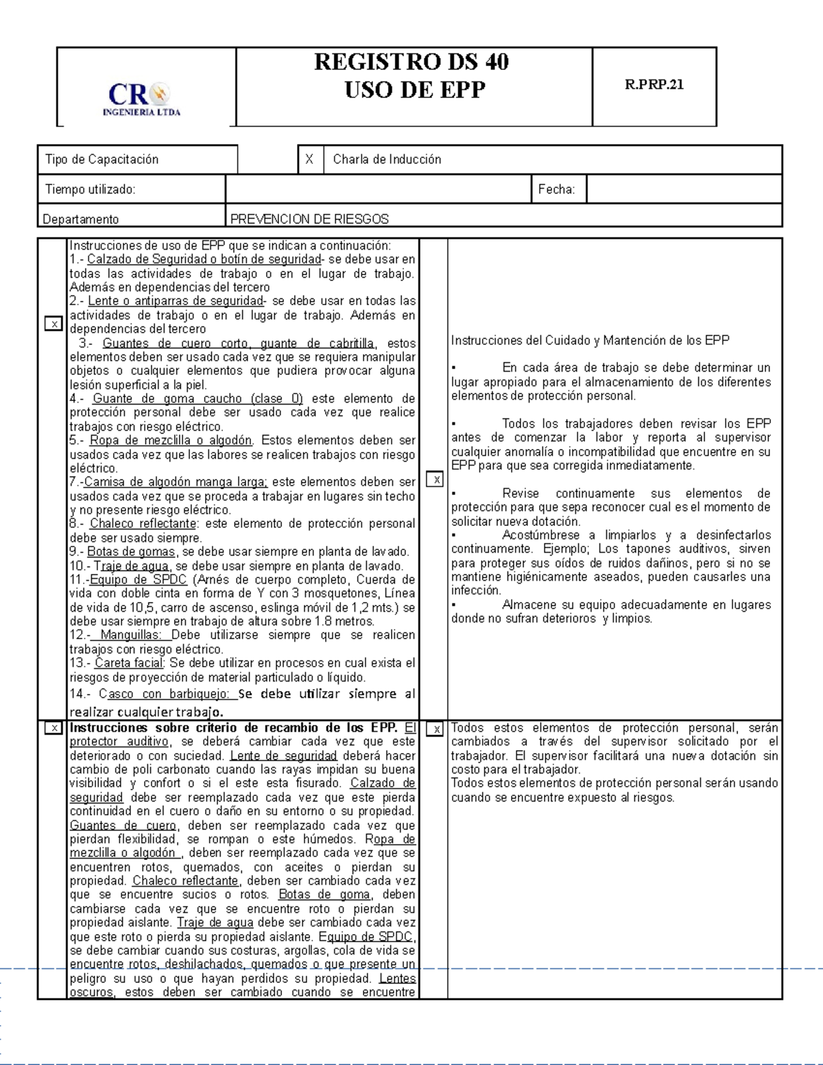 R.PRP.21.-Registro de capacitación de uso de los EPP - REGISTRO DS 40 ...