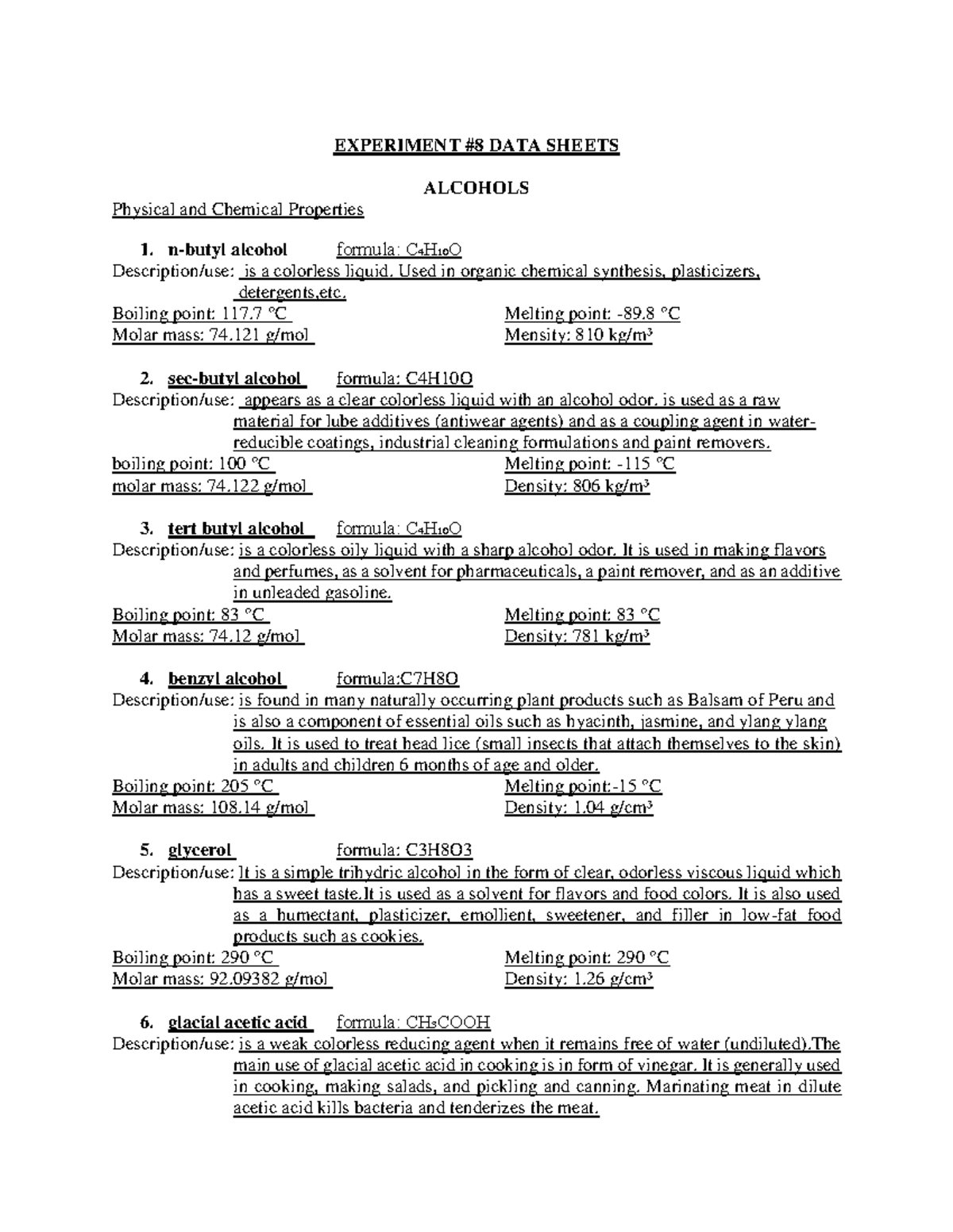 Alcohols DATA Sheet - EXPERIMENT #8 DATA SHEETS ALCOHOLS Physical and ...