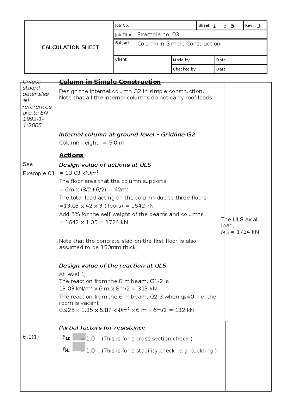 03 Column calculation V2 - Job No. CALCULATION SHEET Sheet Job Title Example no. 03 Subject ...