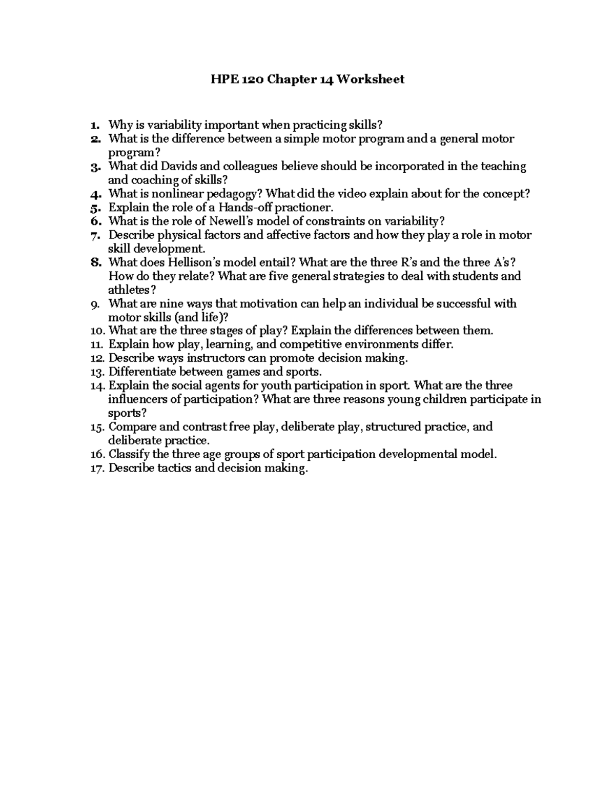 HPE 120 Chapter 14 Worksheet 2020 - HPE 120 Chapter 14 Worksheet Why is ...