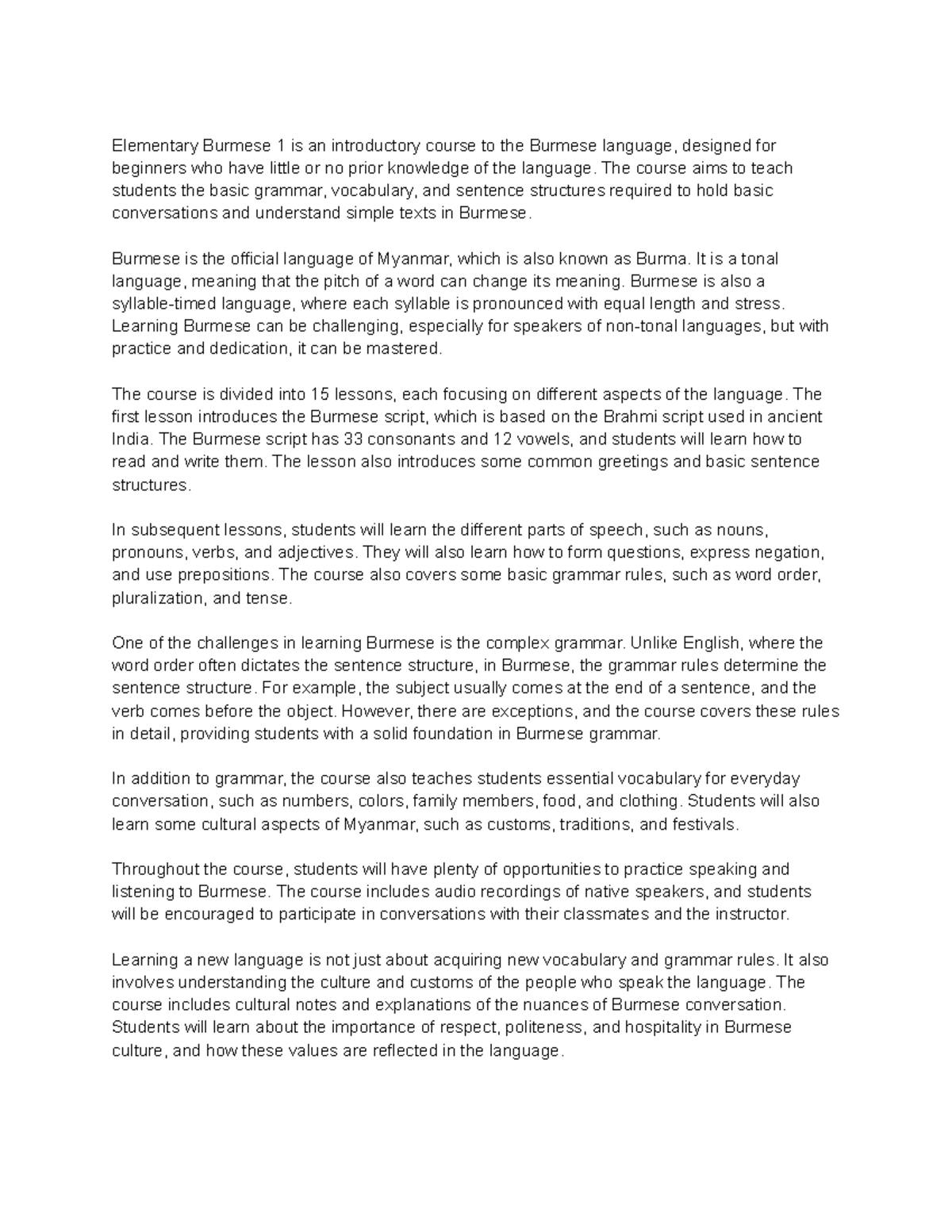 Elementary Burmese I - Notes - Elementary Burmese 1 is an introductory ...