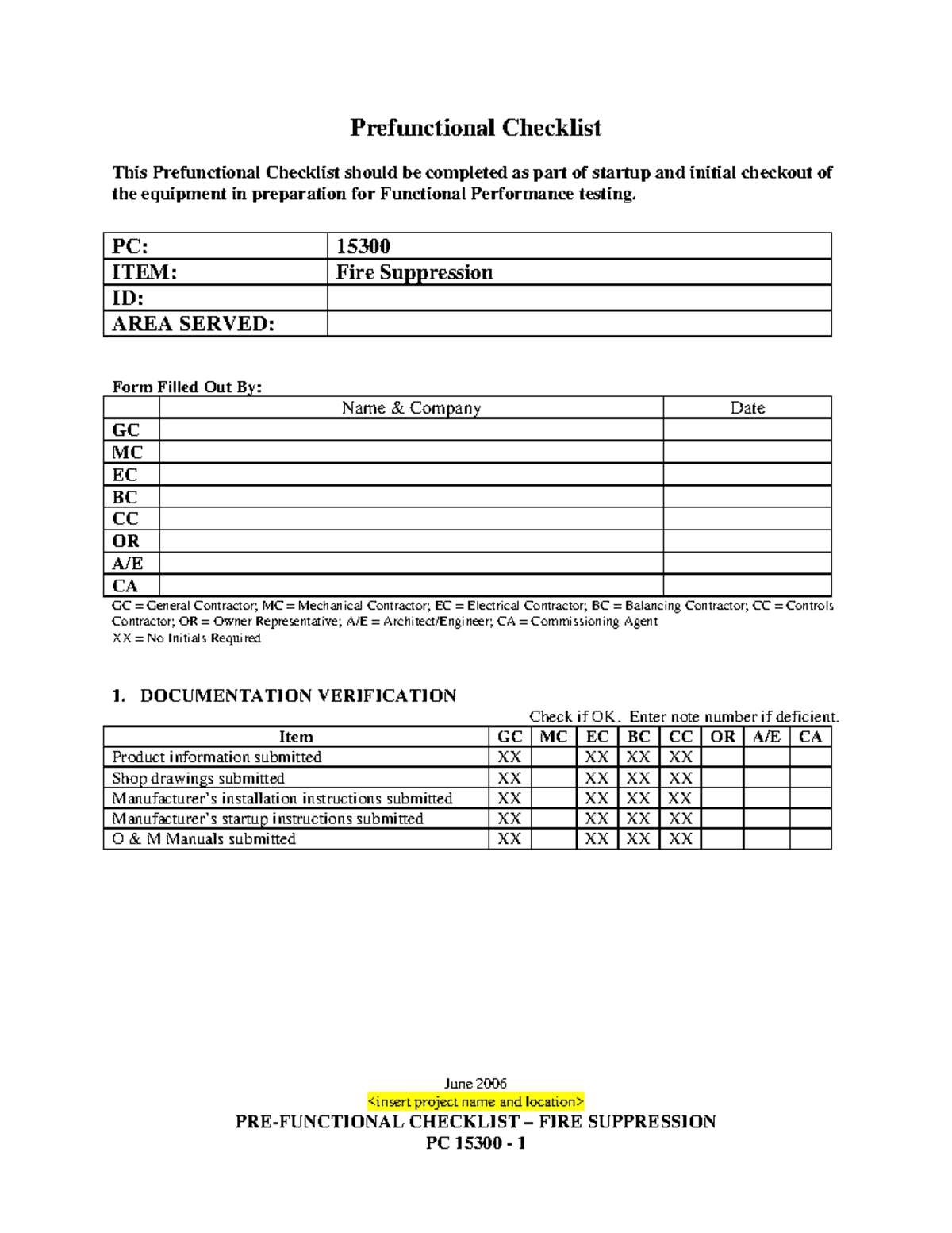 PC-15300 Fire Suppression - June 2006 PRE-FUNCTIONAL CHECKLIST – FIRE ...